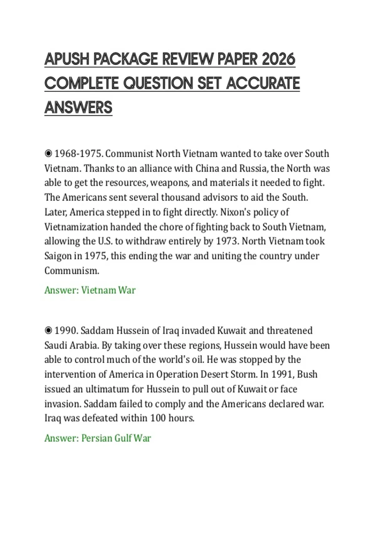 APUSH PACKAGE REVIEW PAPER 2026 COMPLETE QUESTION SET ACCURATE ANSWERS ...