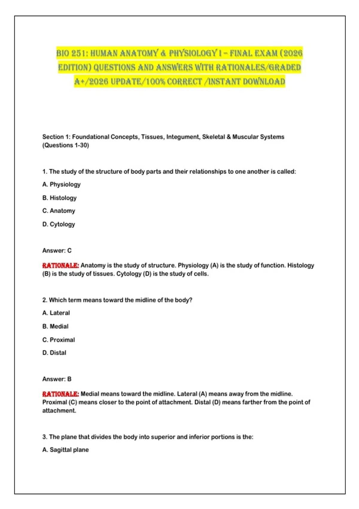 BIO 251: HUMAN ANATOMY & PHYSIOLOGY I – FINAL EXAM (2026 EDITION ...
