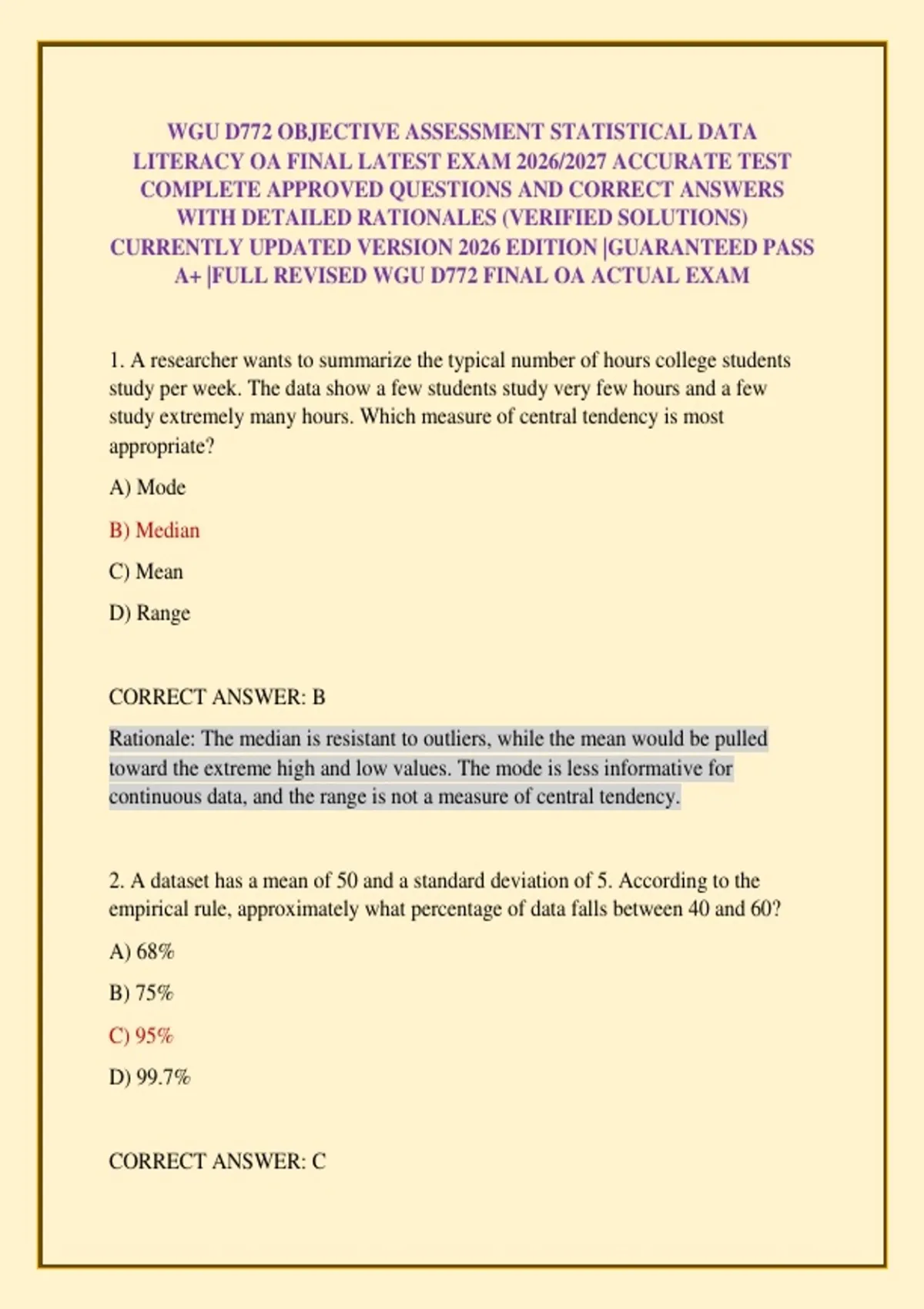 WGU D772 OBJECTIVE ASSESSMENT STATISTICAL DATA LITERACY OA FINAL LATEST ...