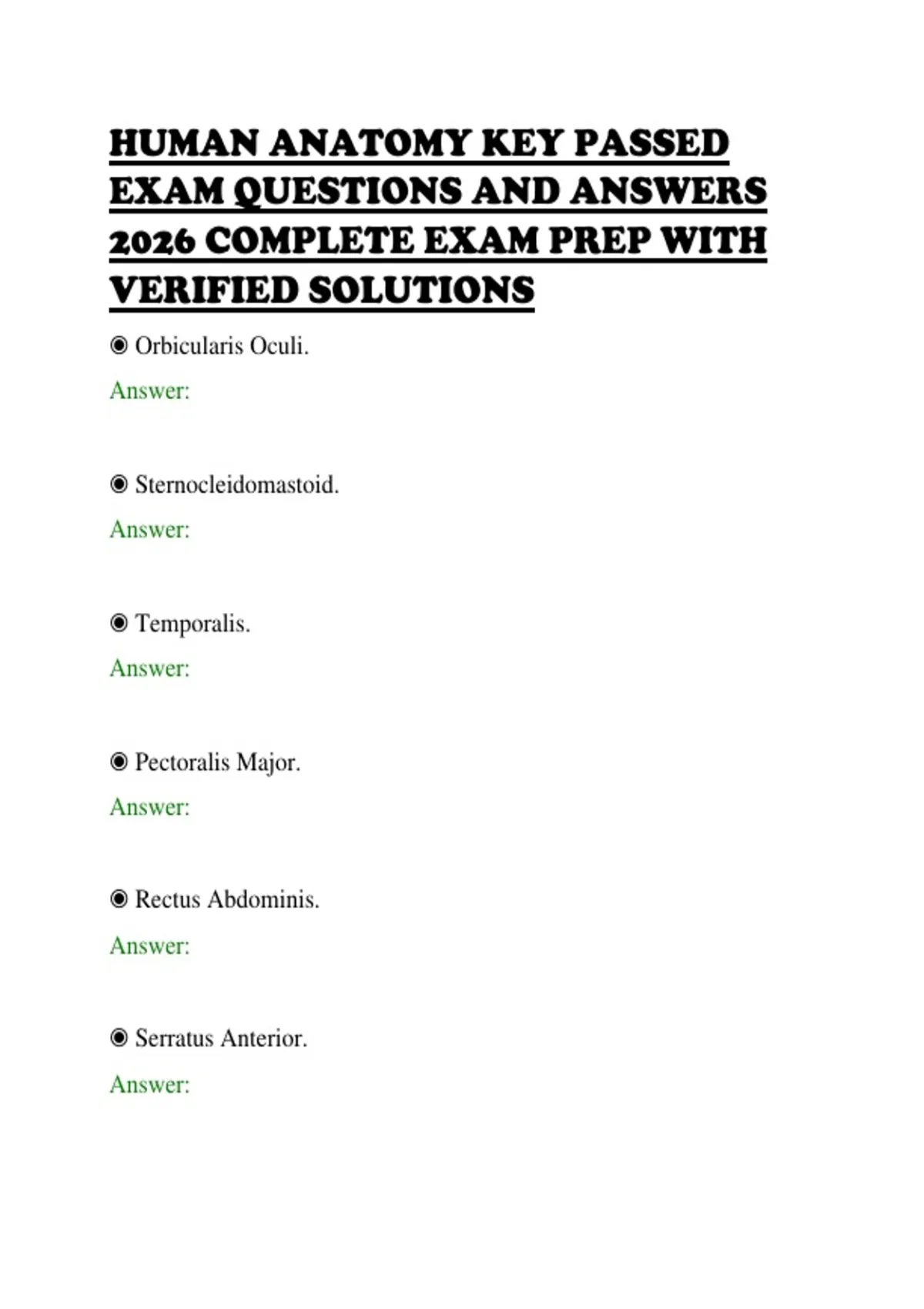 HUMAN ANATOMY KEY PASSED EXAM QUESTIONS AND ANSWERS 2026 COMPLETE EXAM ...
