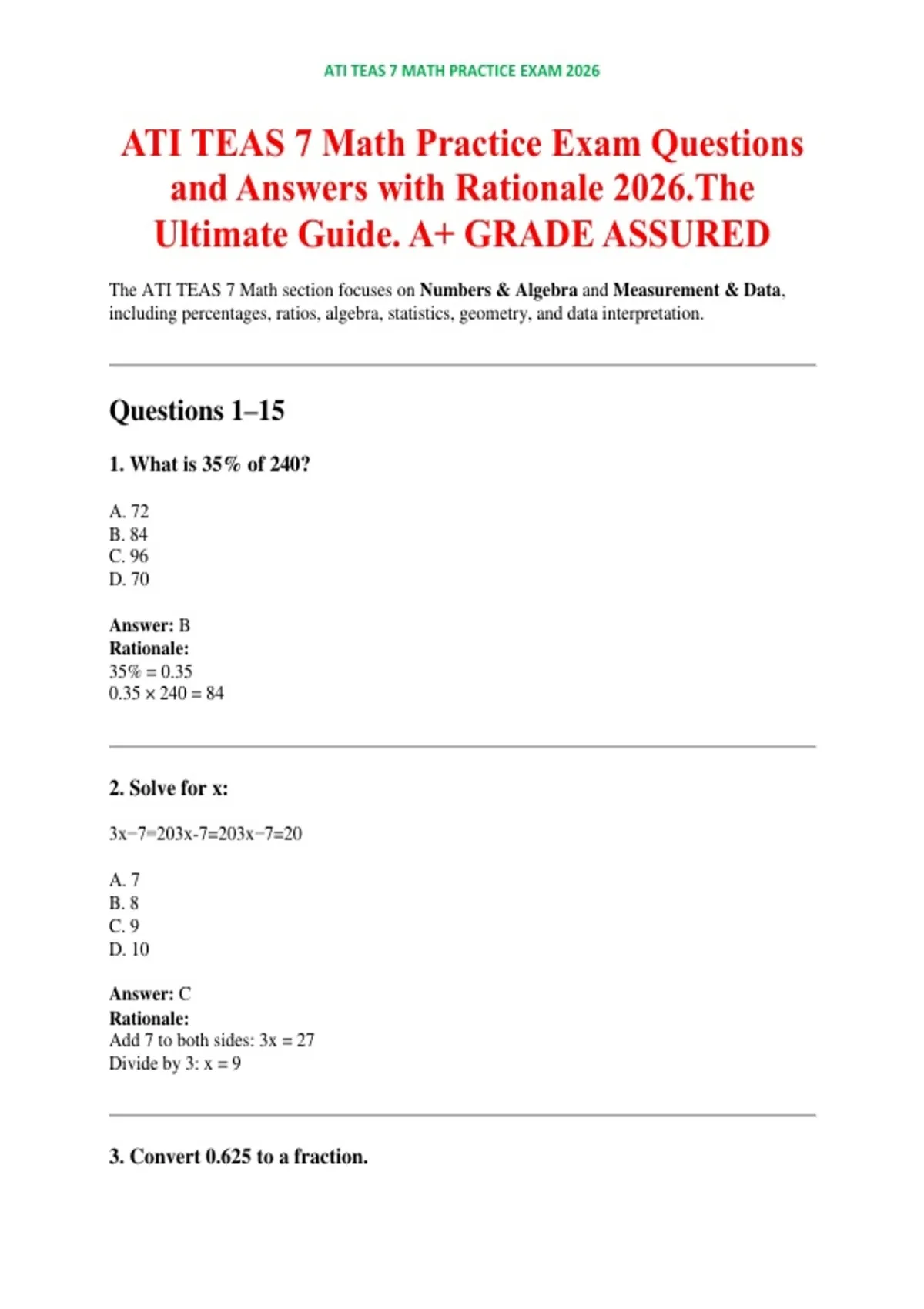 ATI TEAS 7 Math Practice Exam Questions and Answers with Rationale 2026 ...
