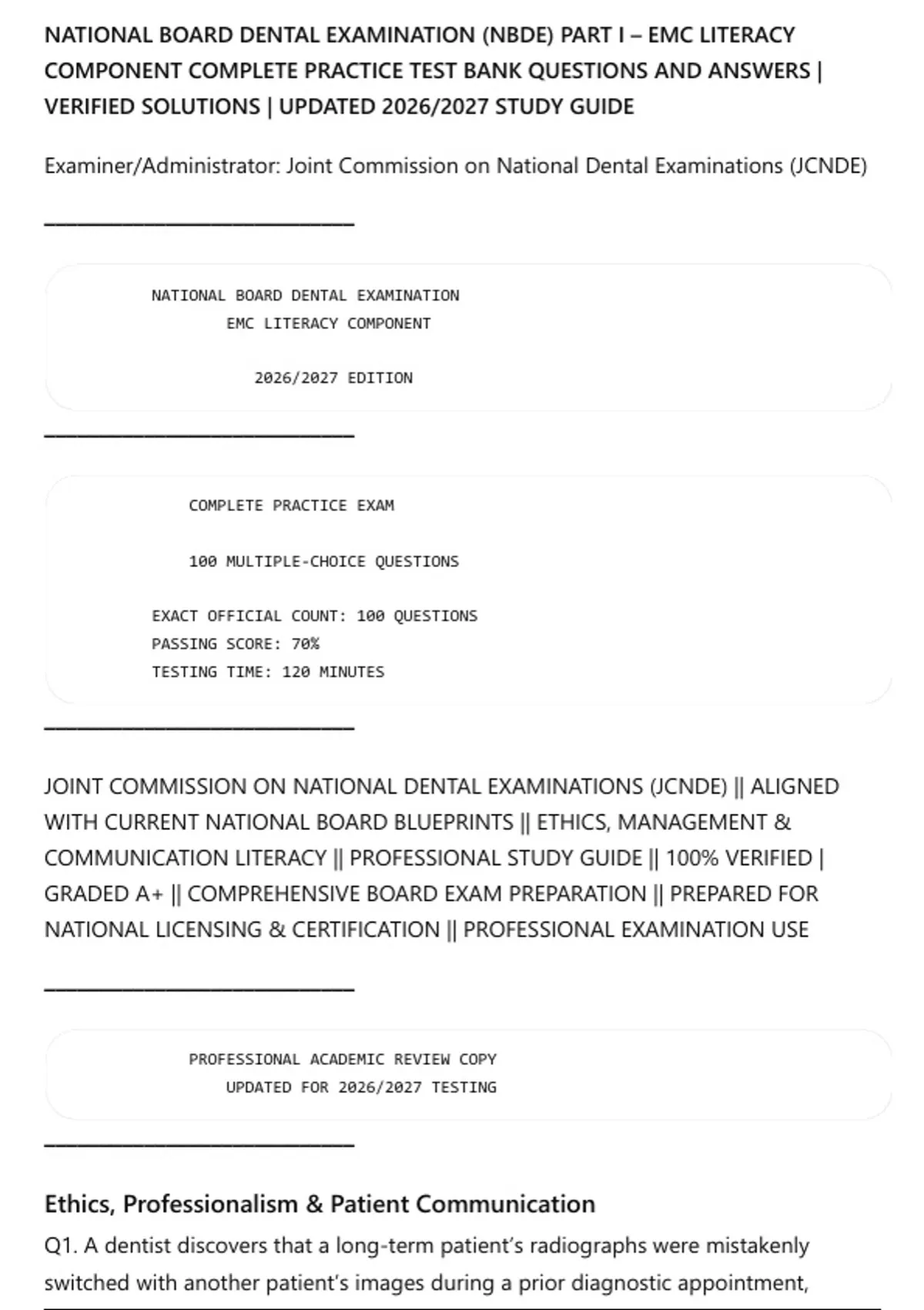 NATIONAL BOARD DENTAL EXAMINATION (NBDE) PART I – EMC LITERACY ...
