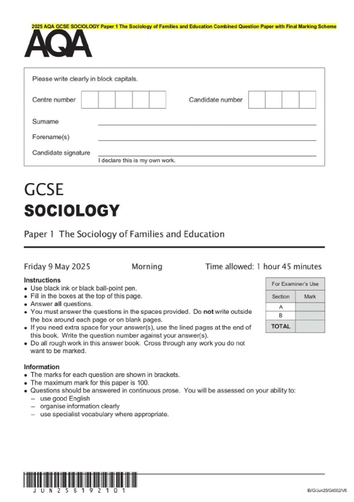 2025 AQA GCSE SOCIOLOGY Paper 1 The Sociology of Families and Education ...