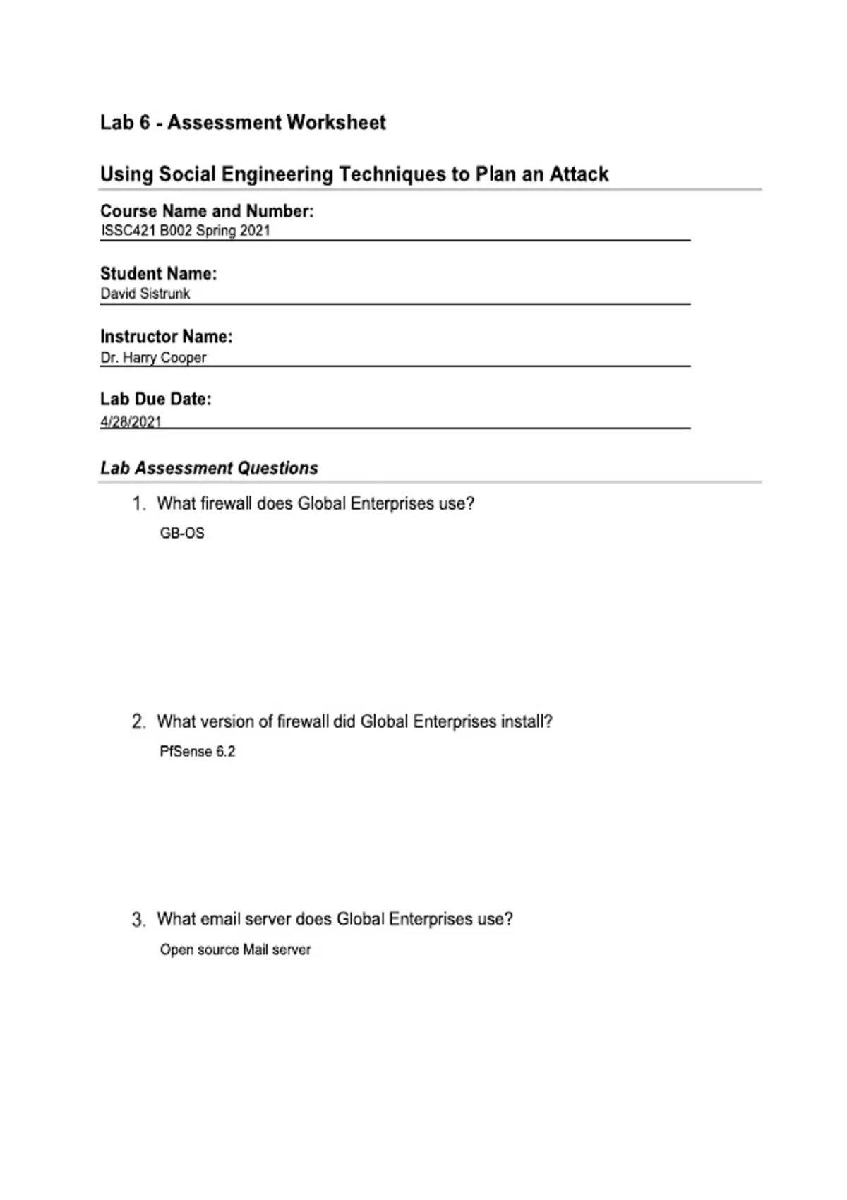 ISSC421 B002 Spring |Lab 6 - Assessment Worksheet| Using Social ...