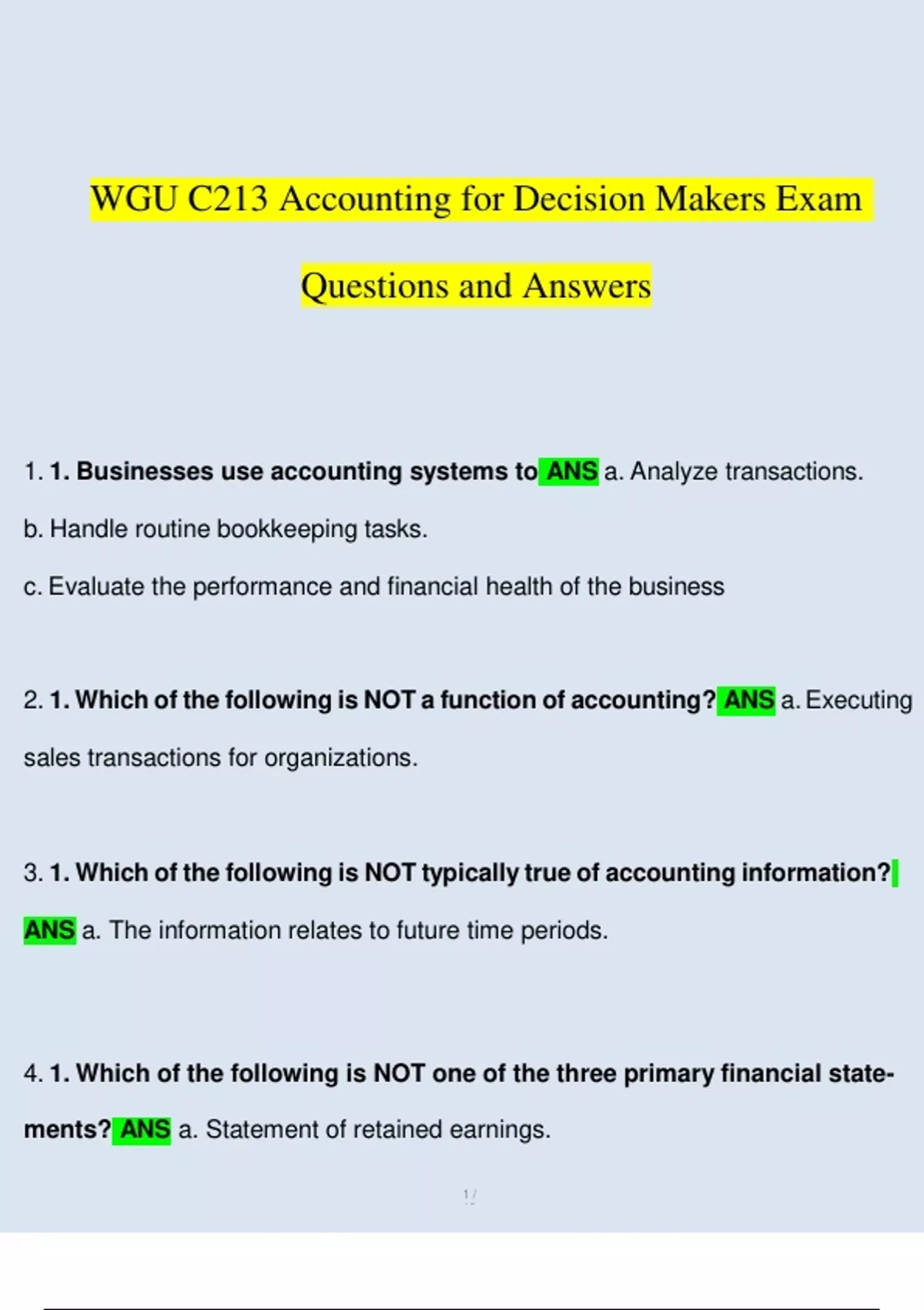 WGU C213 Accounting for Decision Makers Exam Questions and Answers ...