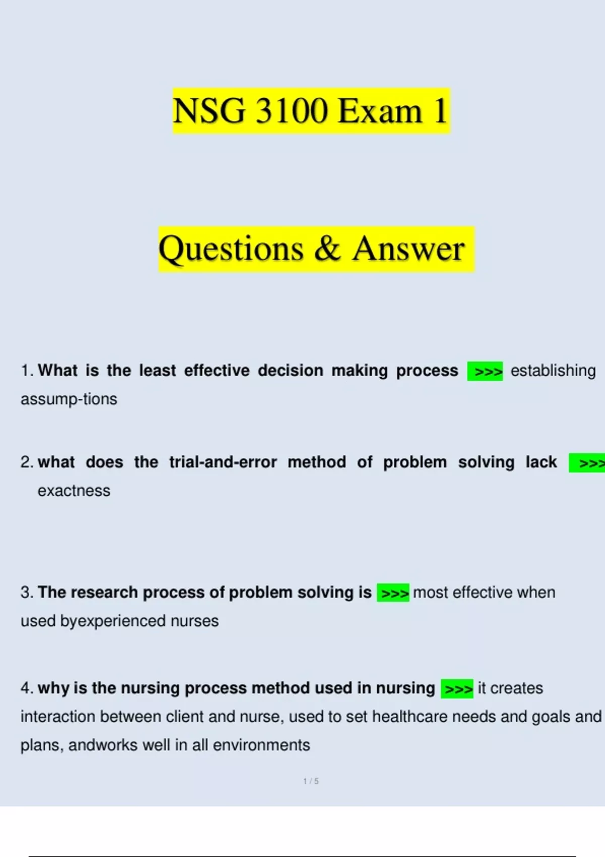 NSG 3100 Exam 1 Questions and Answers Updated (2023 / 2024) (Verified Answers) - NSG 3100 ...