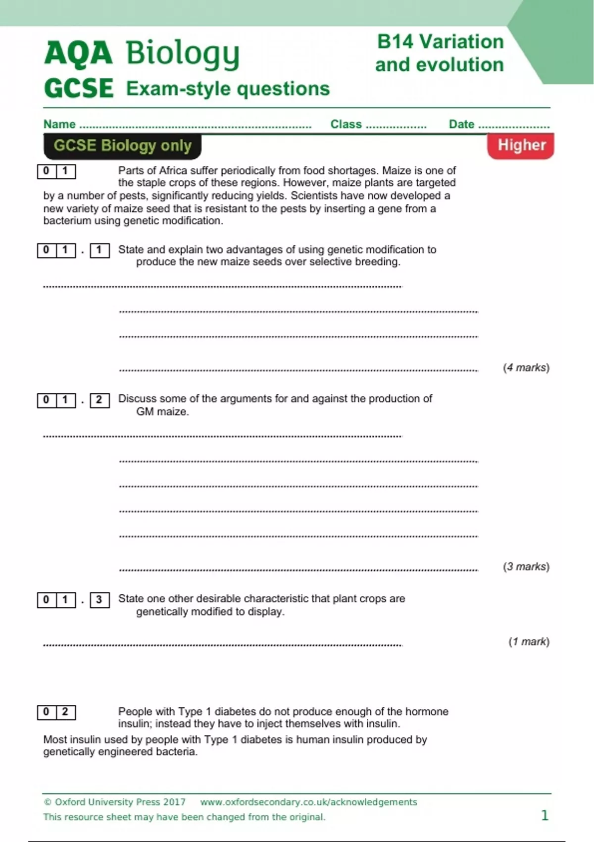 AQA GCSE Biology Kerboodle Exam-Style Questions ALL TOPICS - Biology ...
