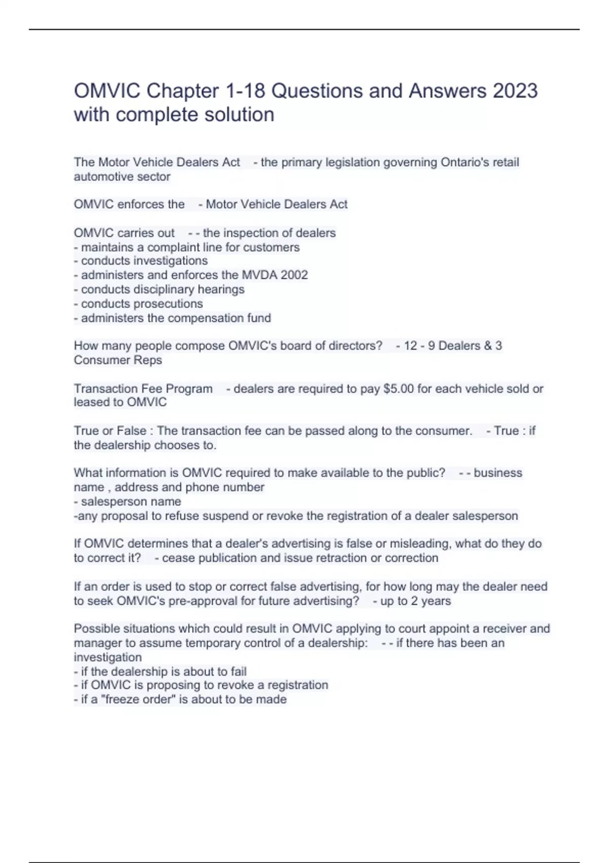 OMVIC Chapter 1-18 Questions and Answers 2023 with complete solution ...