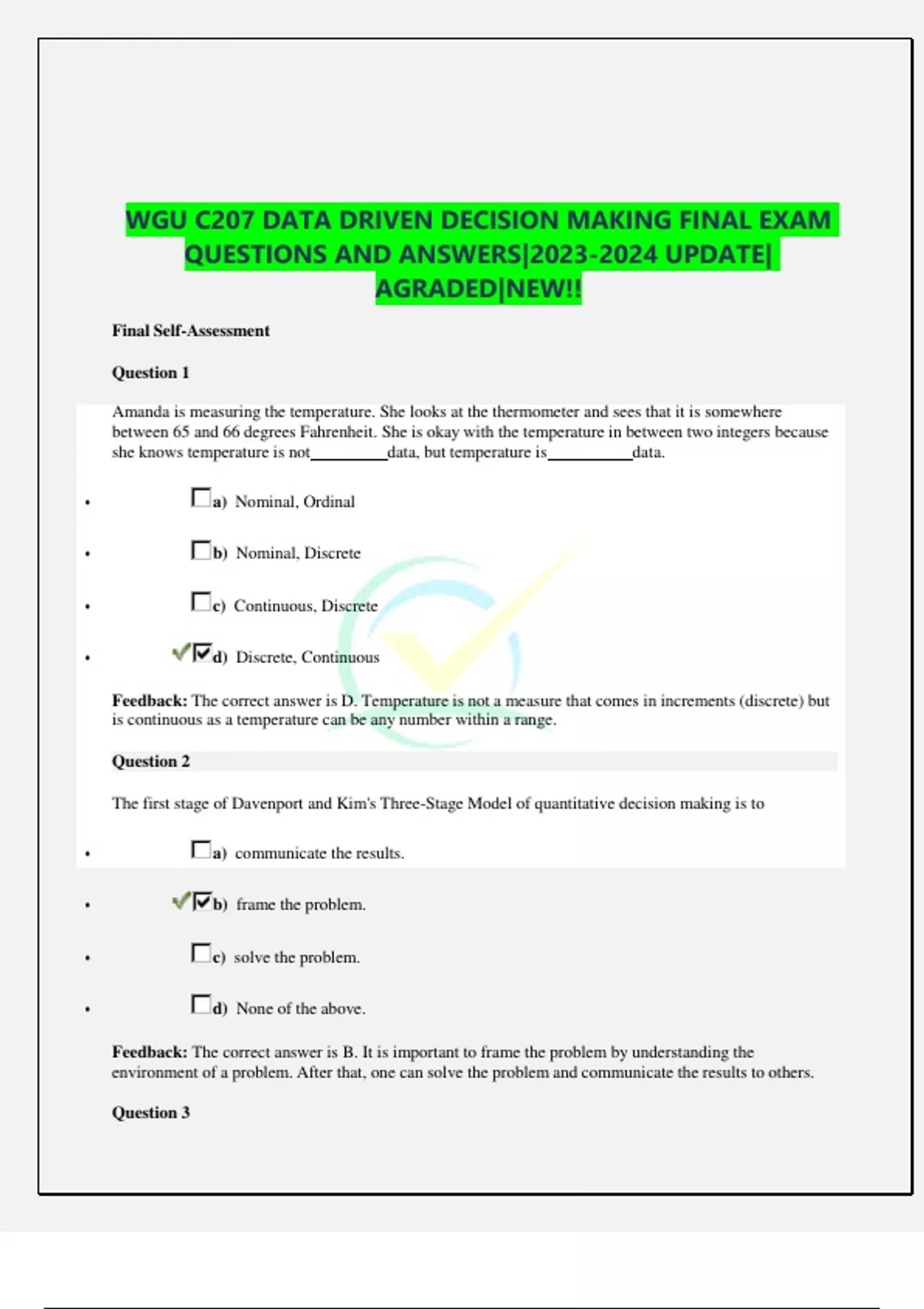 WGU C207 DATA DRIVEN DECISION MAKING FINAL EXAM QUESTIONS AND ANSWERS ...