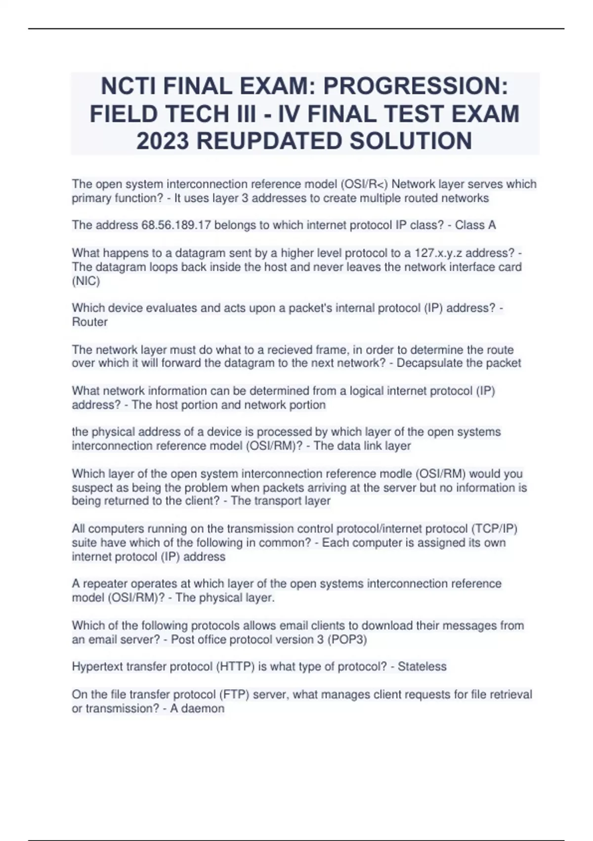 NCTI FINAL EXAM: PROGRESSION: FIELD TECH III - IV FINAL TEST EXAM 2023 ...