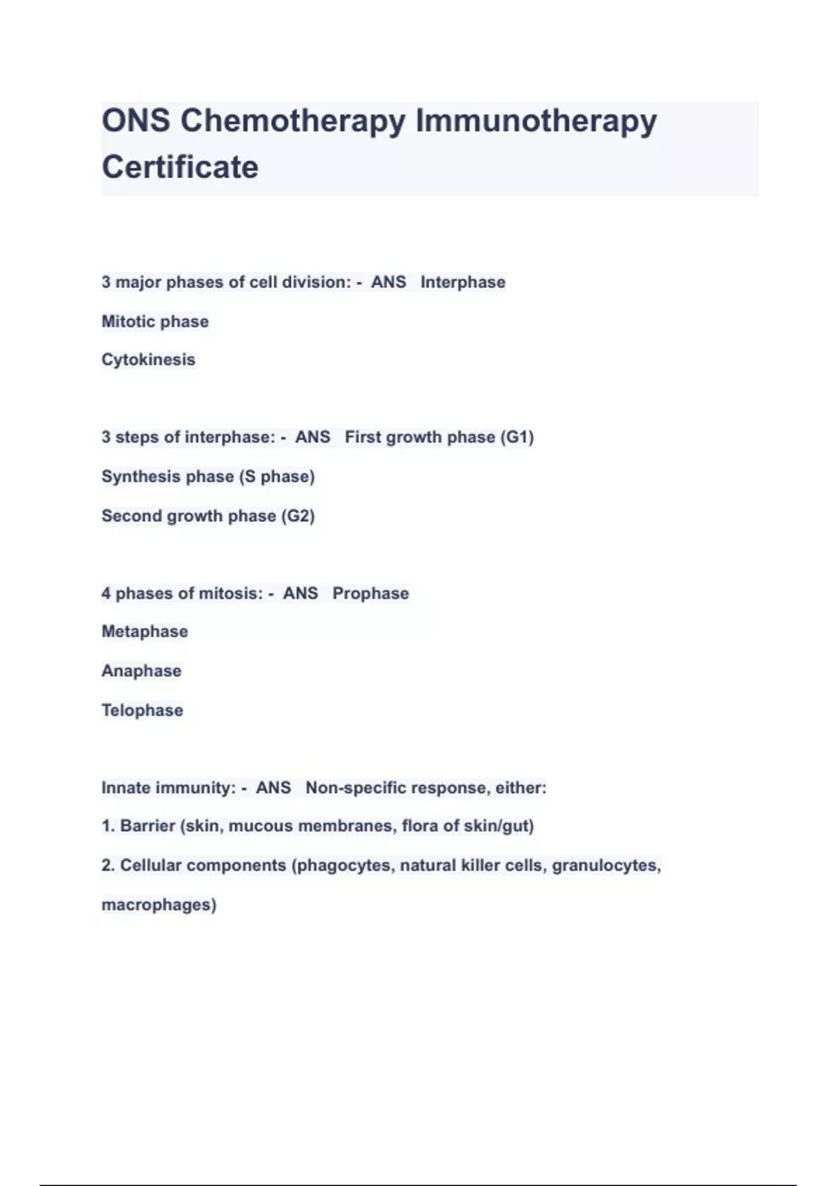 ONS Chemotherapy Immunotherapy Certificate QUESTIONS & ANSWERS 2023 ...