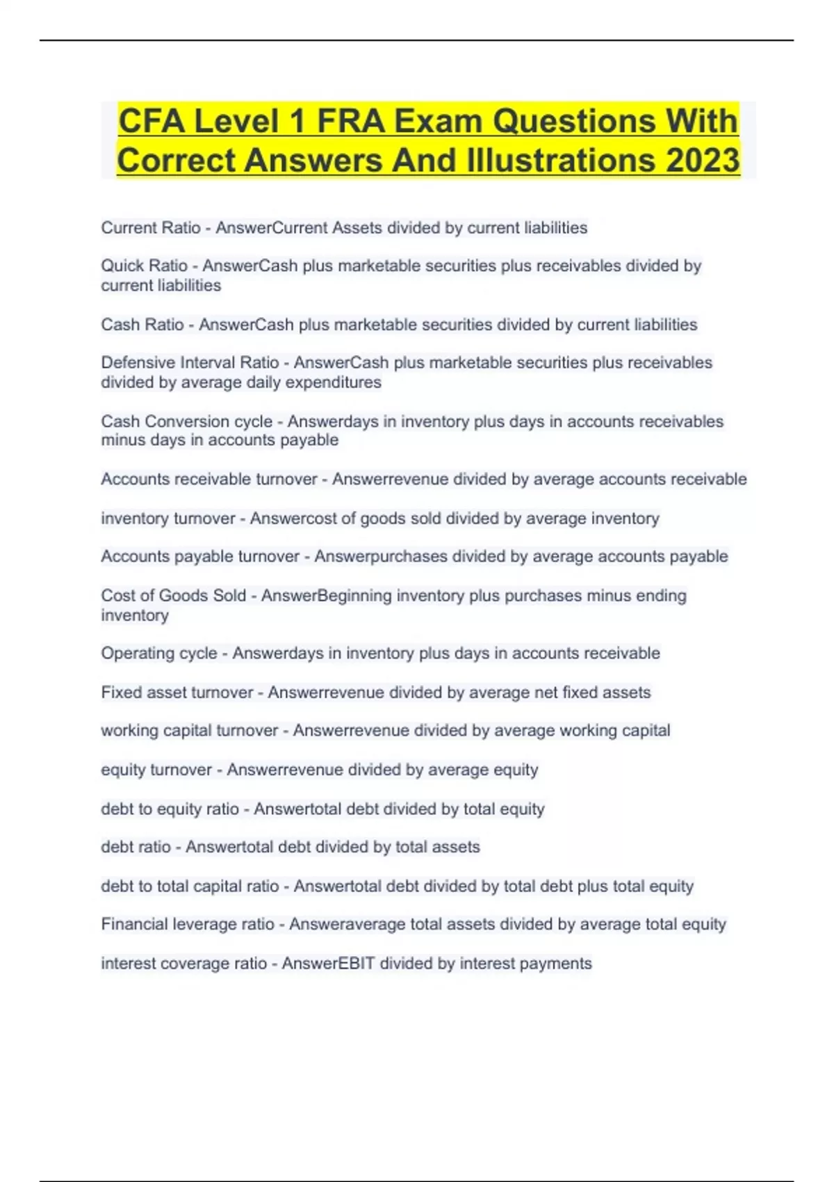 CFA Level 1 FRA Exam Questions With Correct Answers And Illustrations 2023 - CFA - Chartered ...