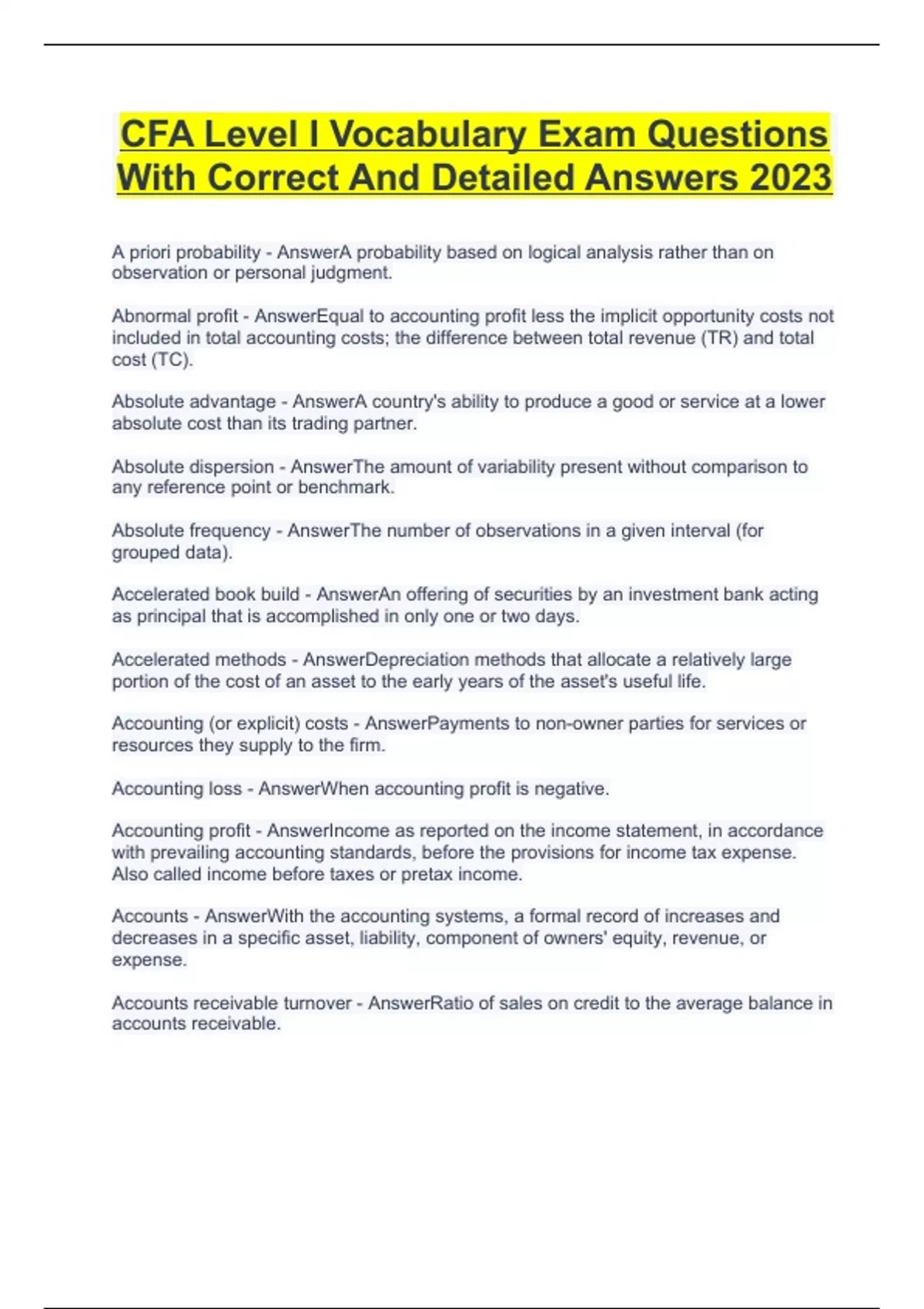 CFA Level I Vocabulary Exam Questions With Correct And Detailed Answers 2023 - CFA - Chartered ...