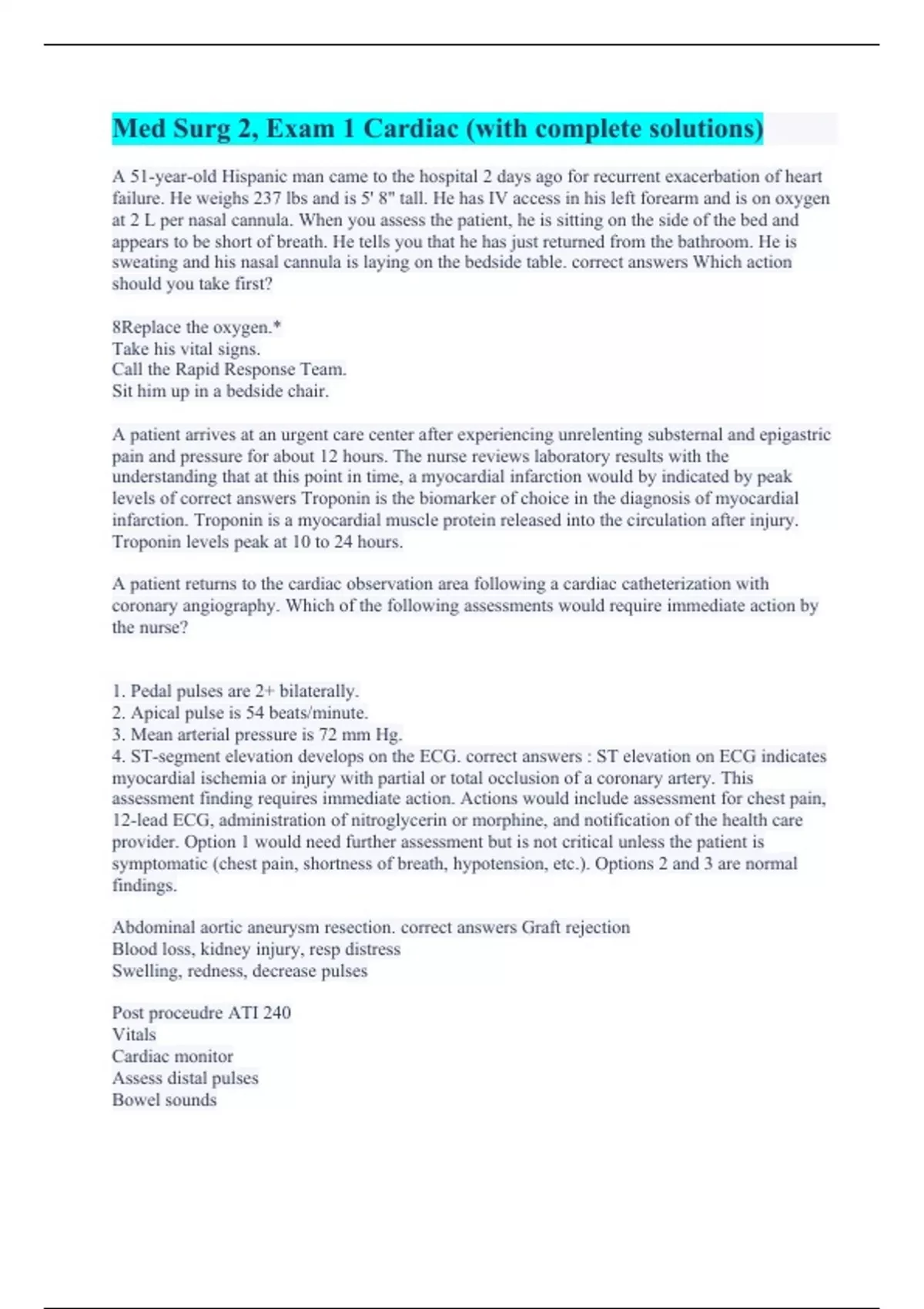 Med Surg 2, Exam 1 Cardiac (with complete solutions) - Med Surg 2 ...