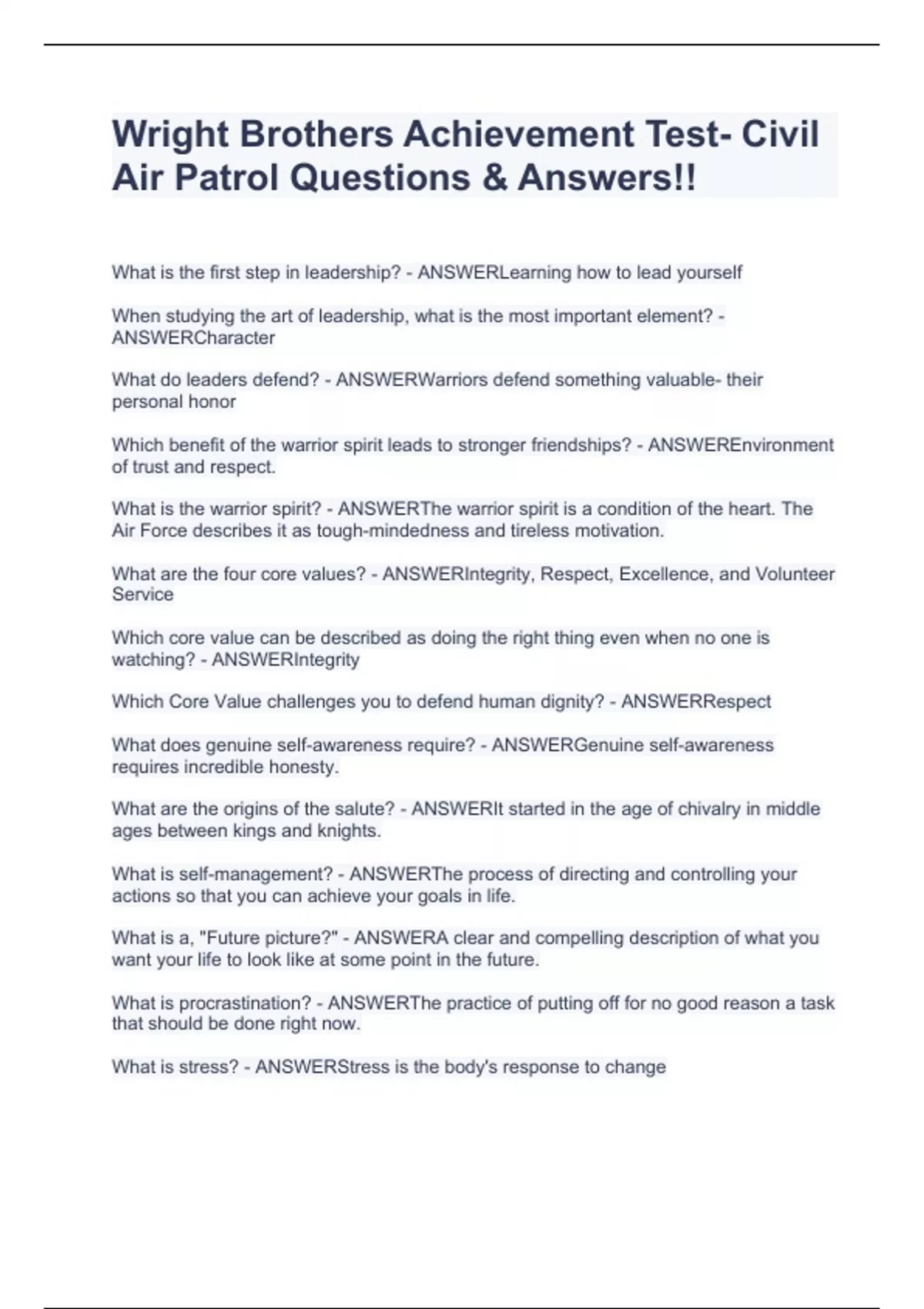Civil Air Patrol Wright Brothers Leadership Test Study Guide 100% ...