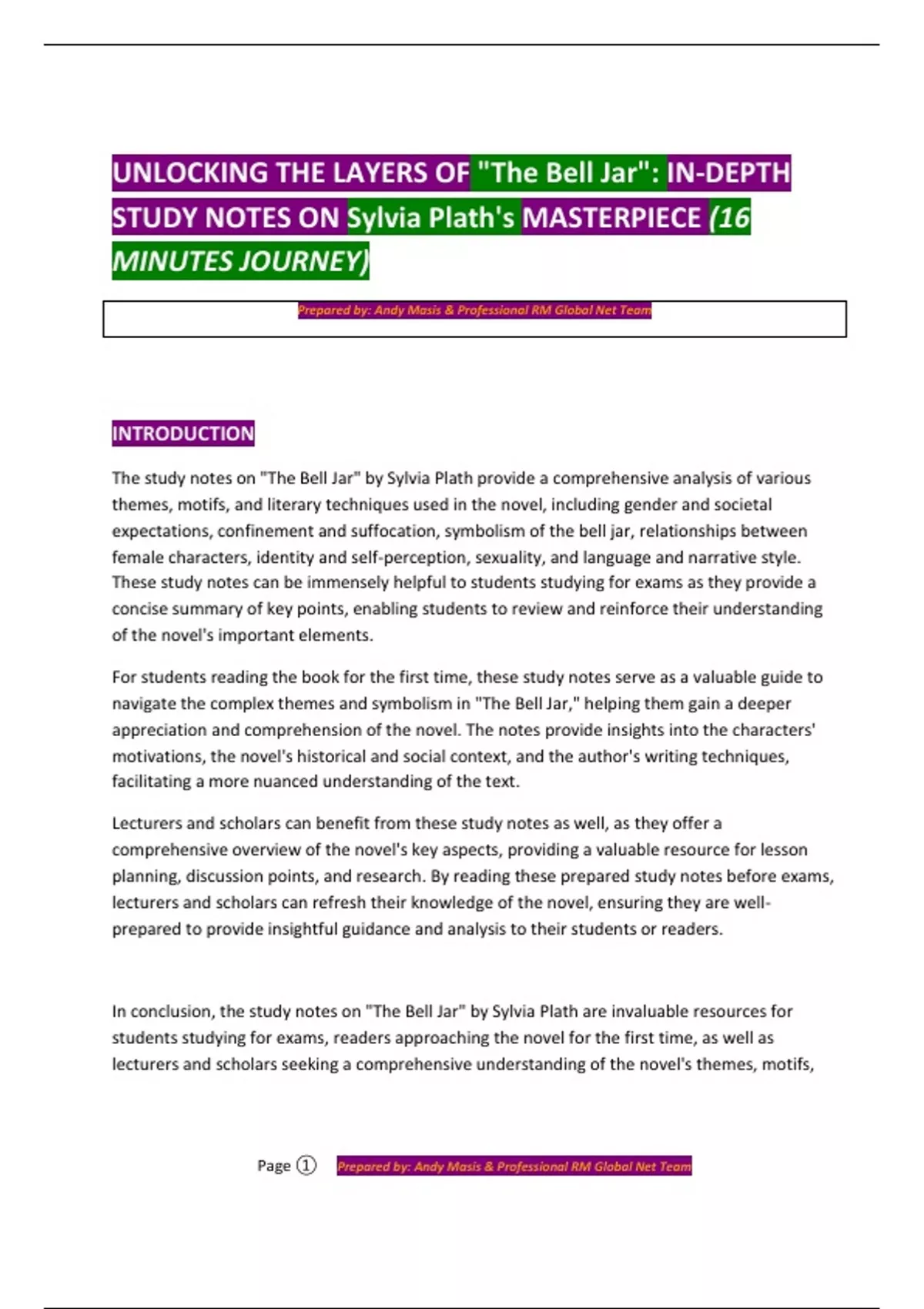 Summary UNLOCKING THE LAYERS OF "The Bell Jar": IN-DEPTH STUDY NOTES ON ...