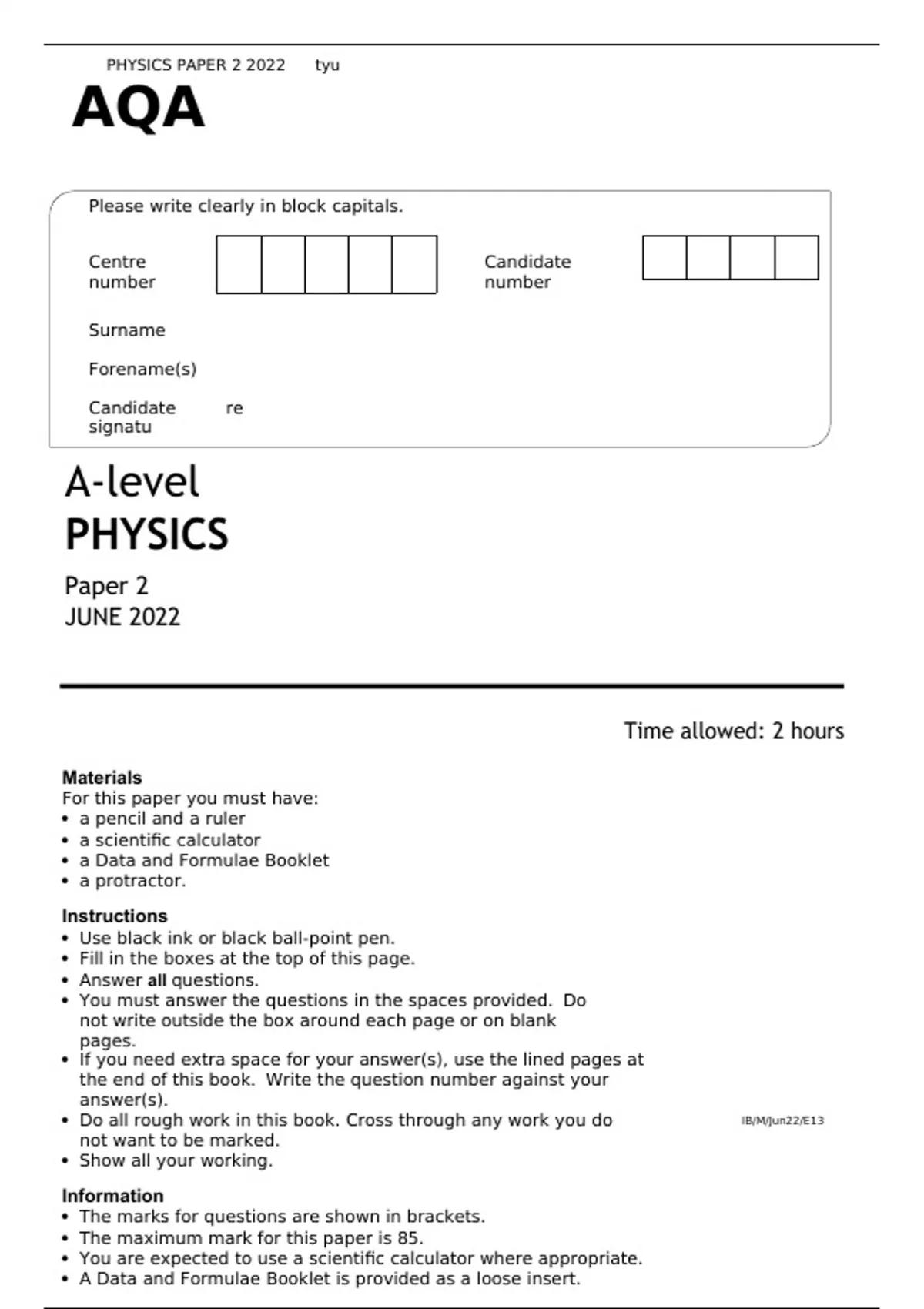 AQA A level PHYSICS Paper 2 JUNE 2022 Question paper - A-level PHYSICS ...