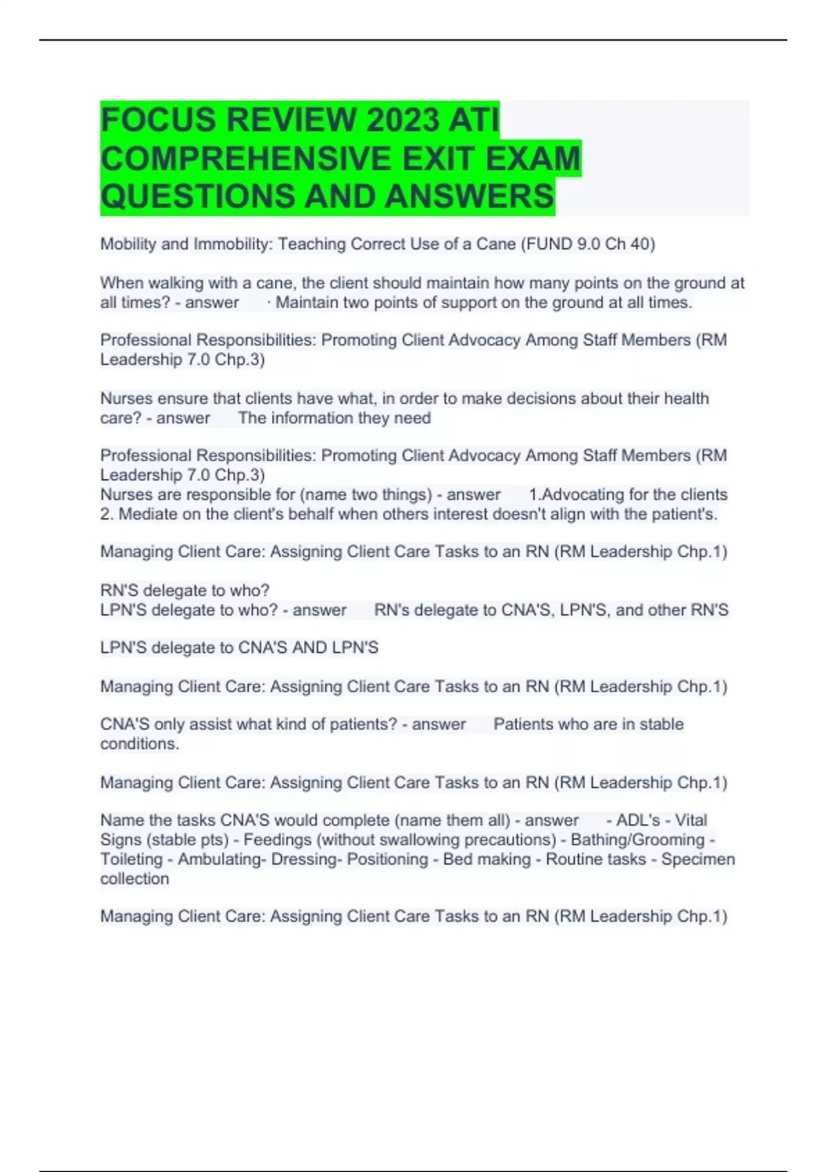 FOCUS REVIEW 2023 ATI COMPREHENSIVE EXIT EXAM QUESTIONS AND ANSWERS ...