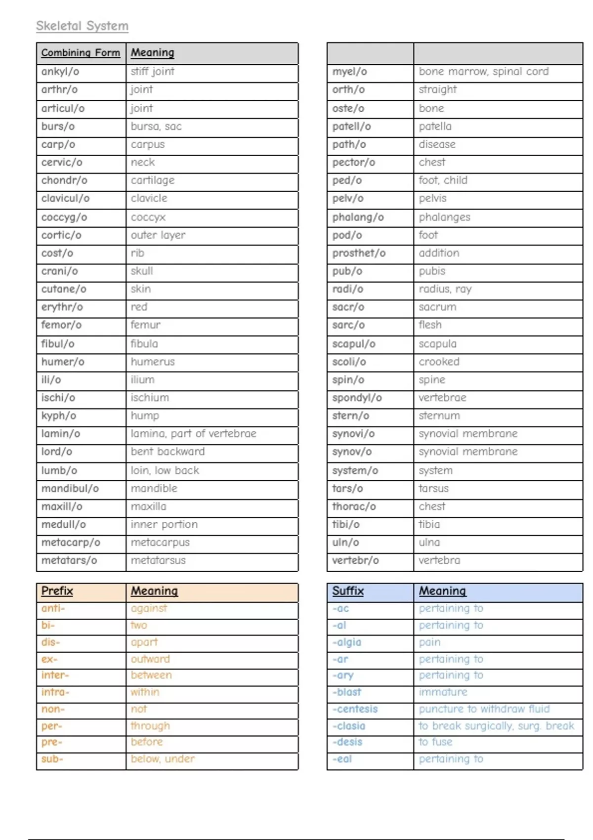 Chapter 4 - Skeletal System Word Charts - HTH 210 - Medical Terminology ...