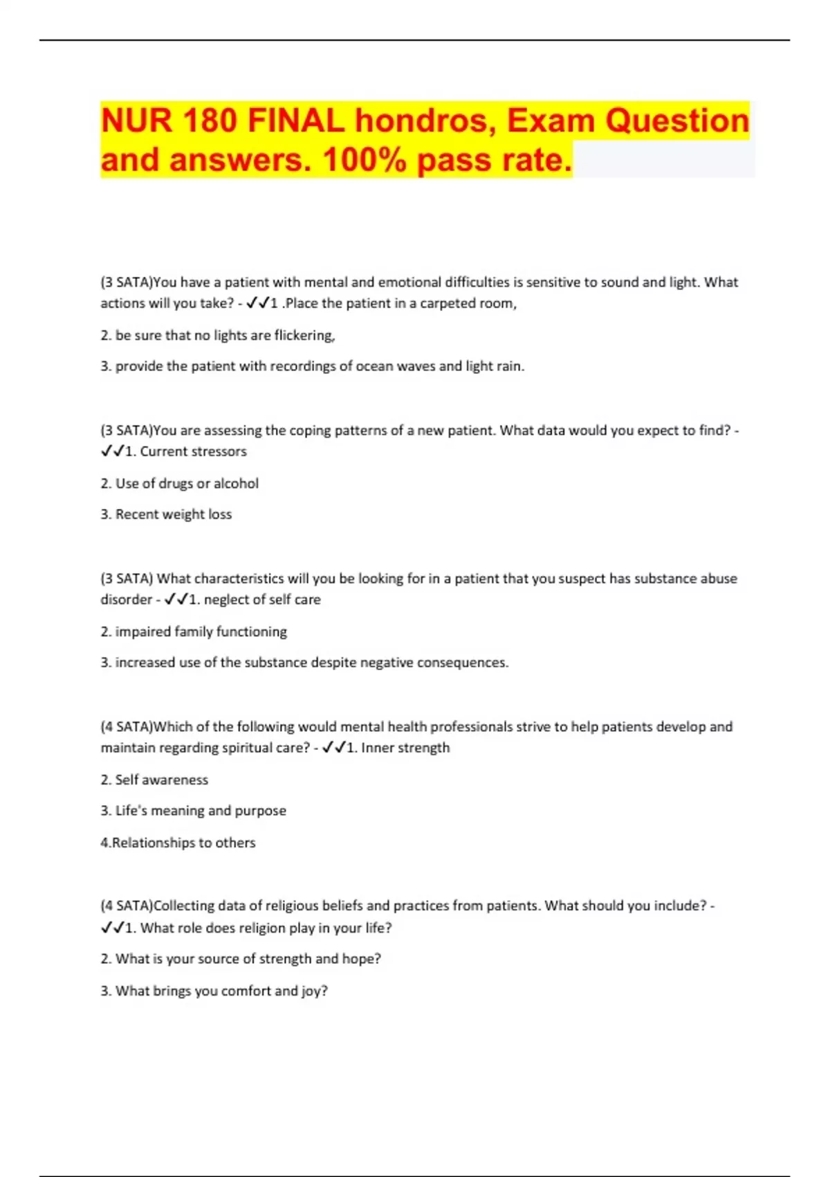 NUR 180 FINAL hondros, Exam Question and answers. 100% pass rate. - NUR ...
