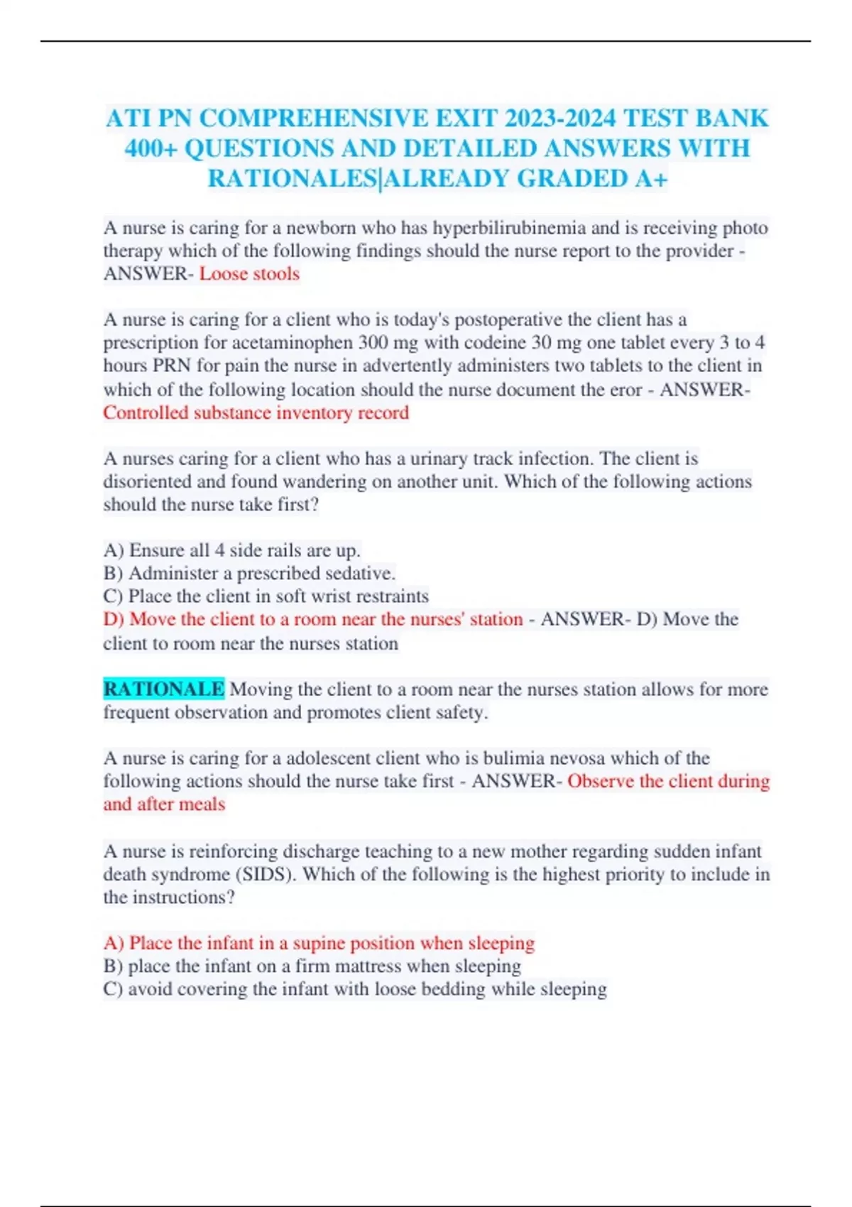 ATI PN COMPREHENSIVE EXIT TEST BANK 400+ QUESTIONS AND DETAILED ANSWERS ...