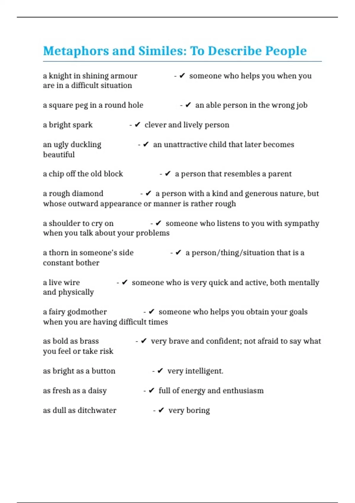 Metaphors and Similes: To Describe People - Metaphors and Similes: To ...