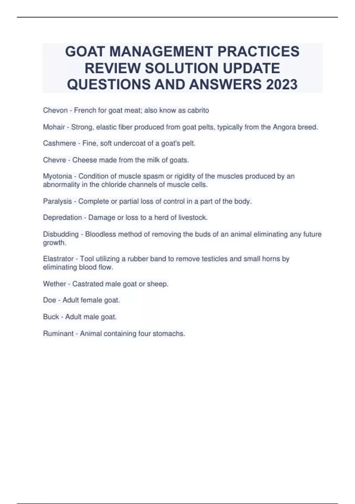 GOAT MANAGEMENT PRACTICES REVIEW SOLUTION UPDATE QUESTIONS AND ANSWERS ...