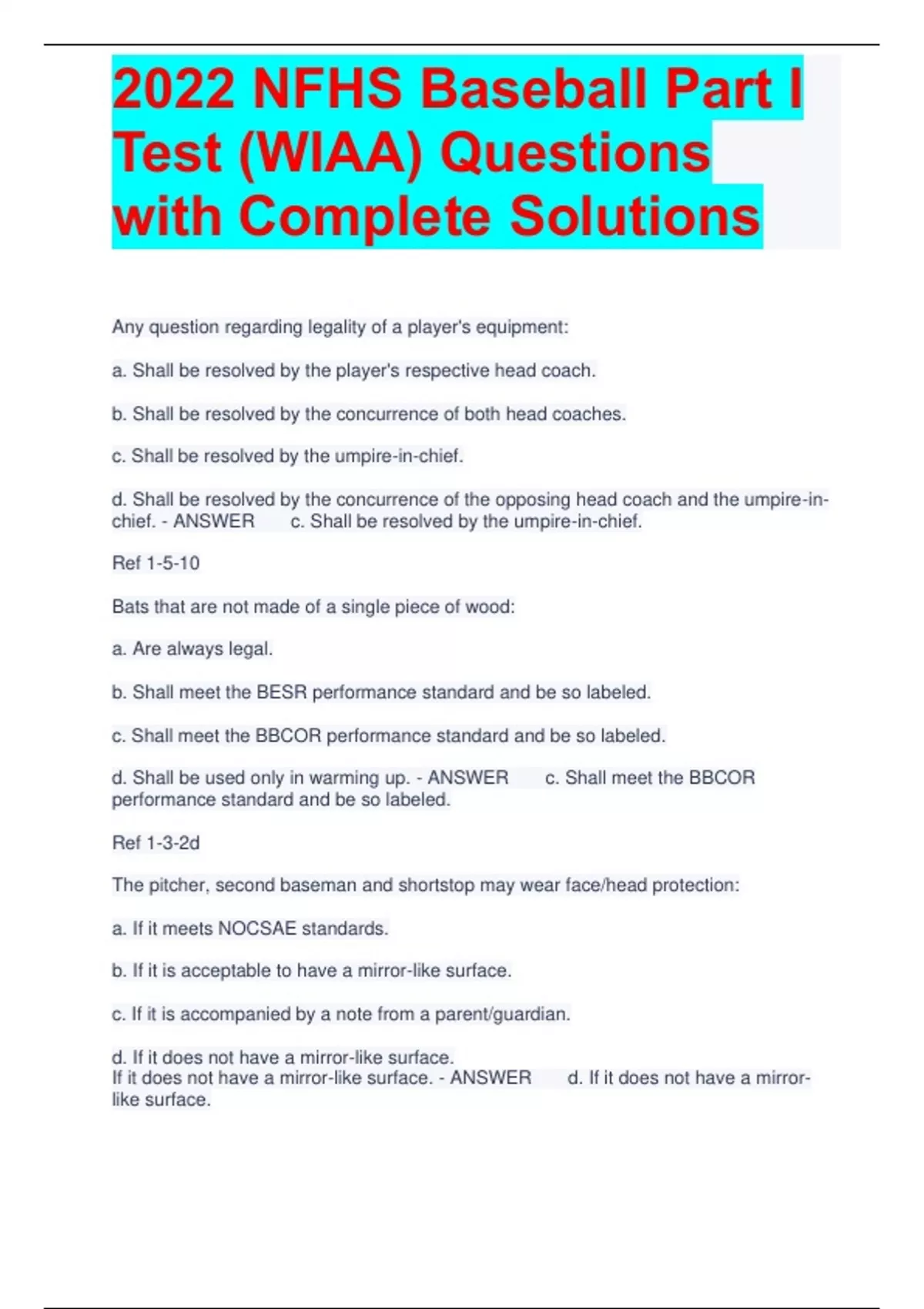 2022 NFHS Baseball Part I Test (WIAA) Questions with Complete Solutions ...