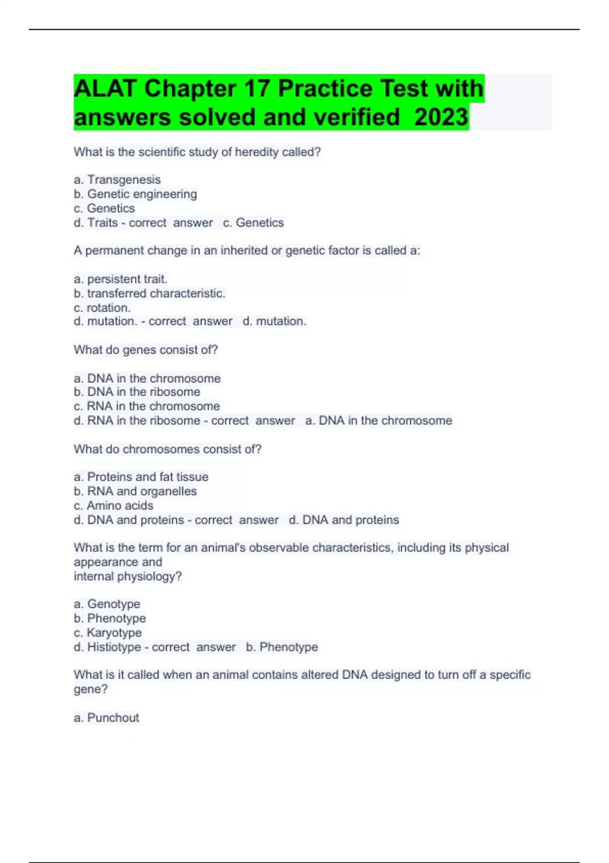 ALAT Chapter 17 Practice Test with answers solved and verified 2023 ...