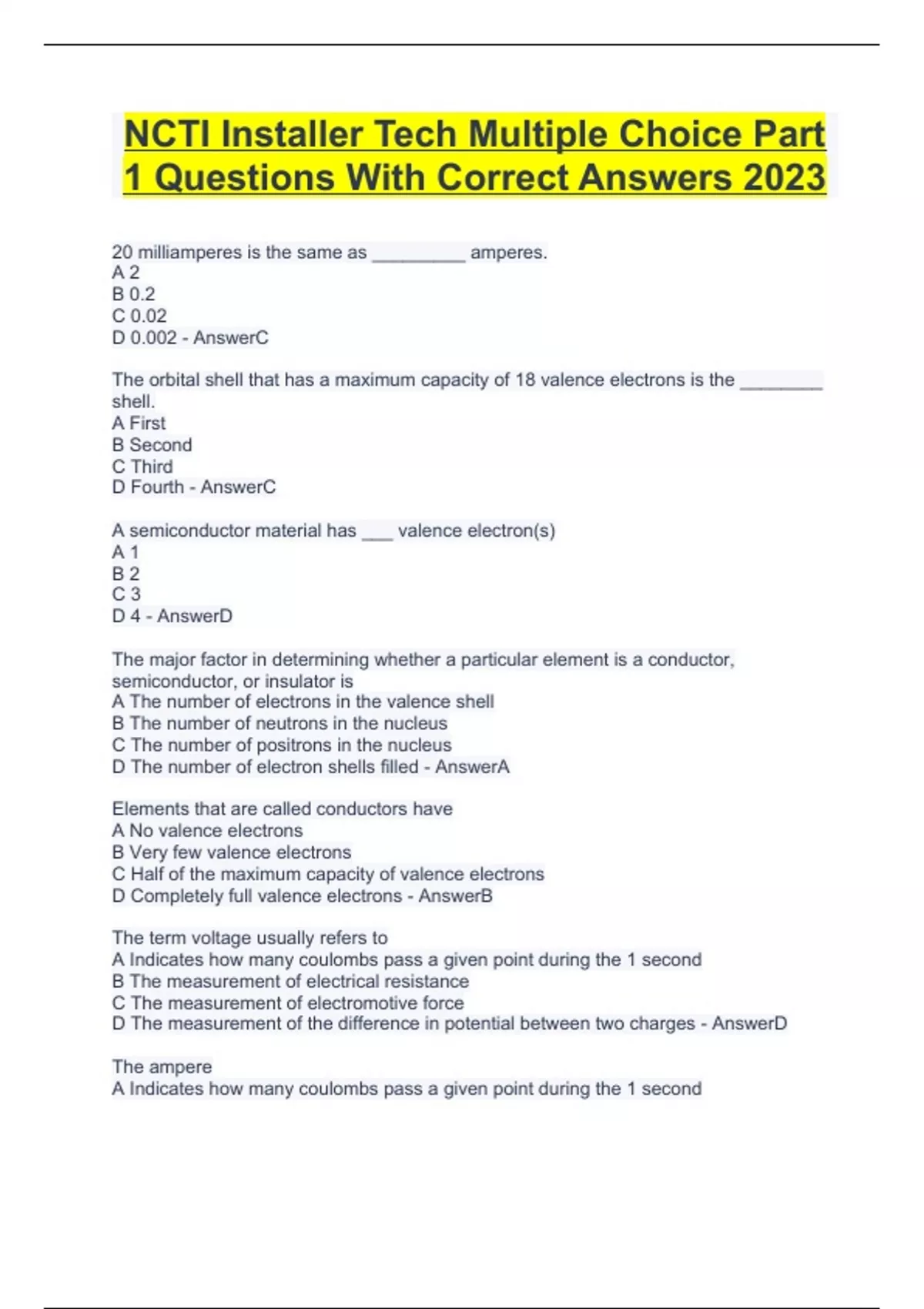 NCTI Installer Tech Multiple Choice Part 1 Questions With Correct Answers 2023 - Ncti - Stuvia NL