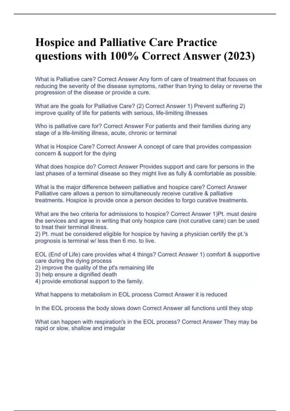 Hospice and Palliative Care Practice questions with 100% Correct Answer ...