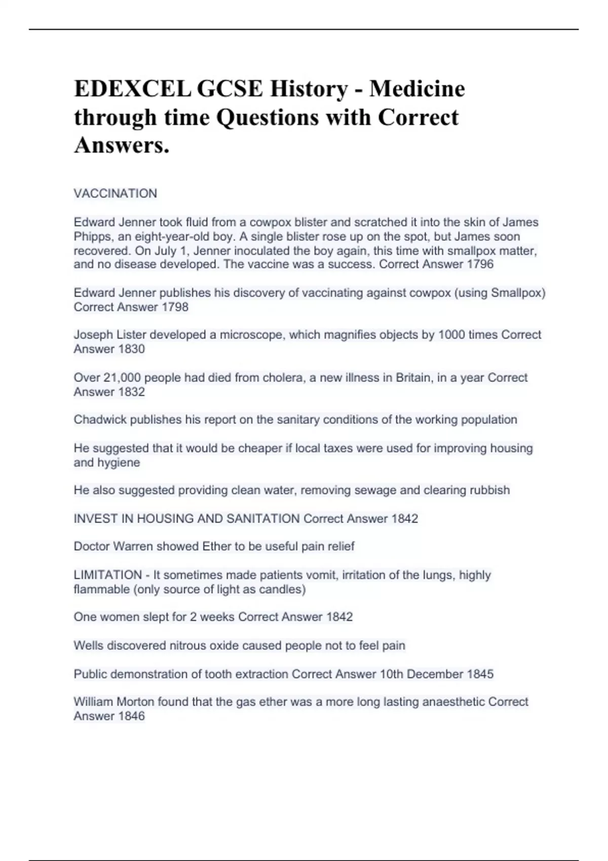 EDEXCEL GCSE History - Medicine through time Questions with Correct ...