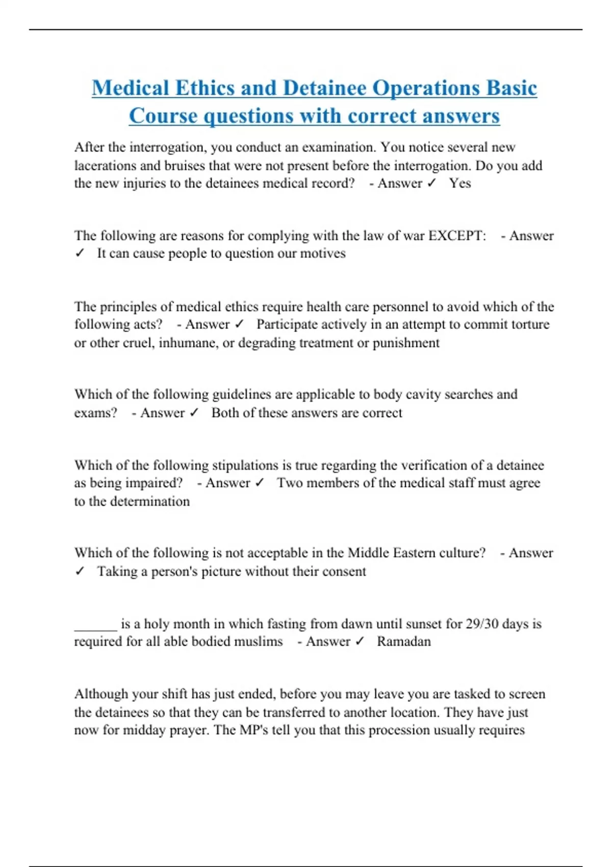 Medical Ethics and Detainee Operations Basic Course questions with ...