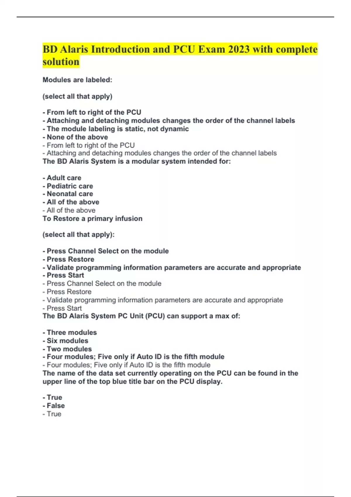 BD Alaris Introduction and PCU Exam 2023 with complete solution - BD ...