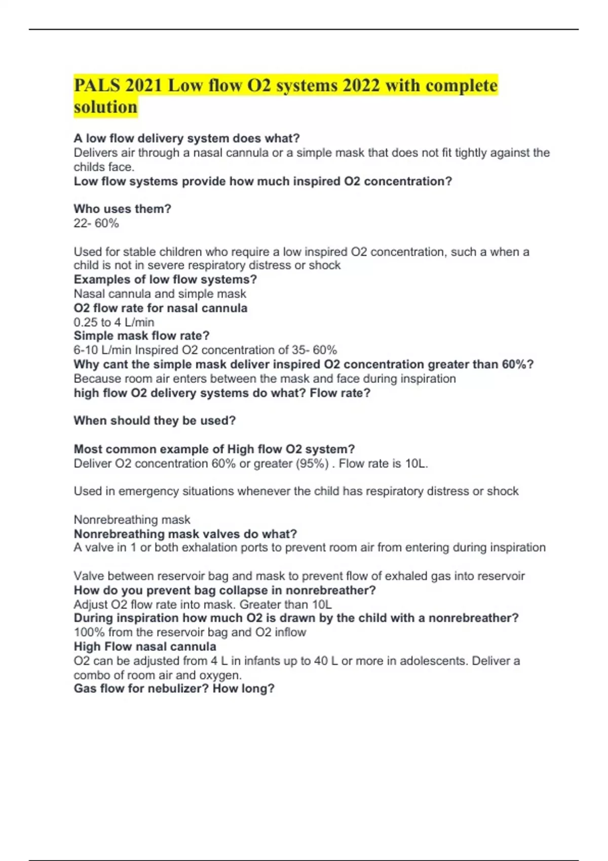 PALS 2021 Low flow O2 systems 2022 with complete solution - PALS - Stuvia US