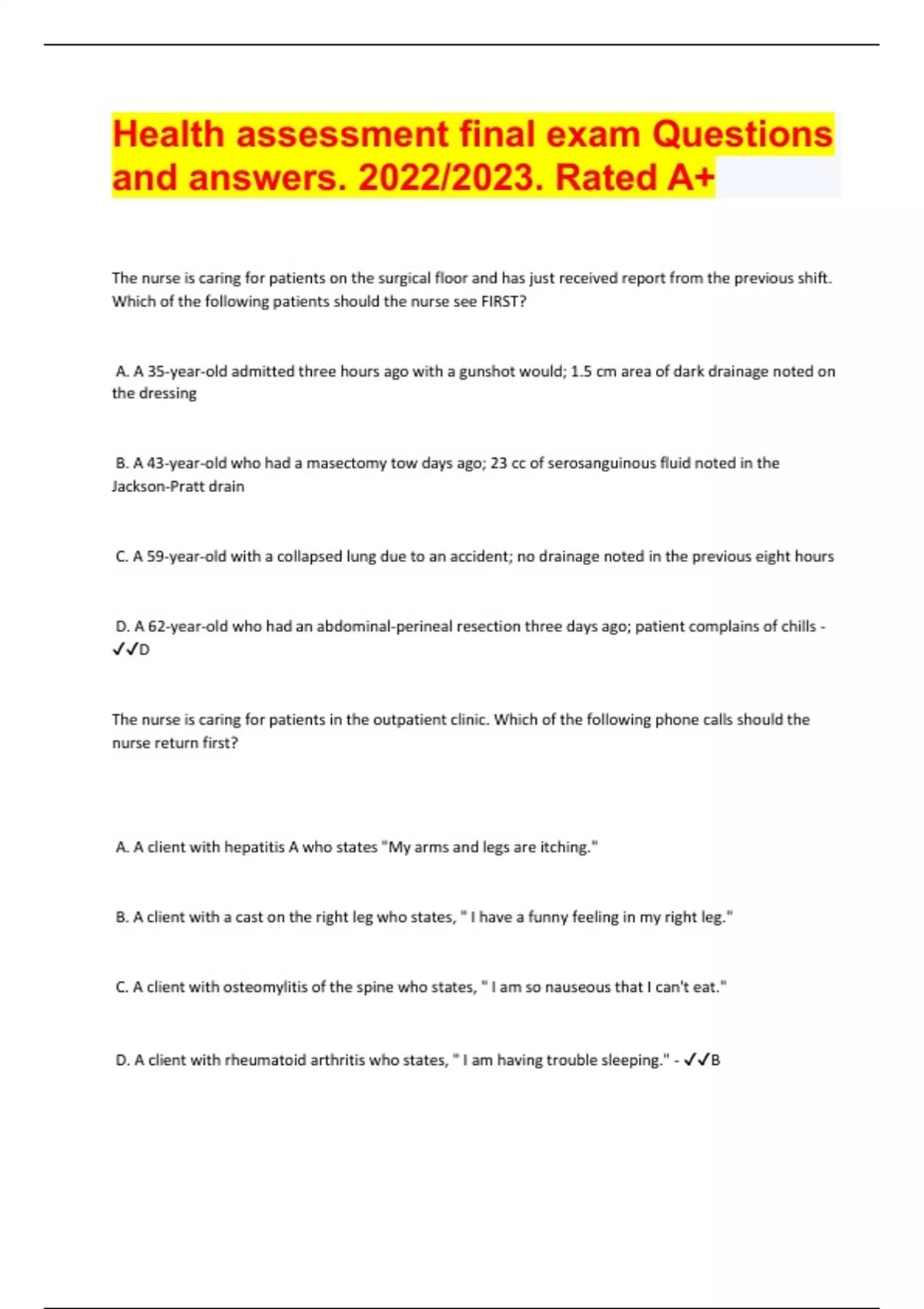 Health assessment final exam Questions and answers. 2022/2023. Rated A+ ...