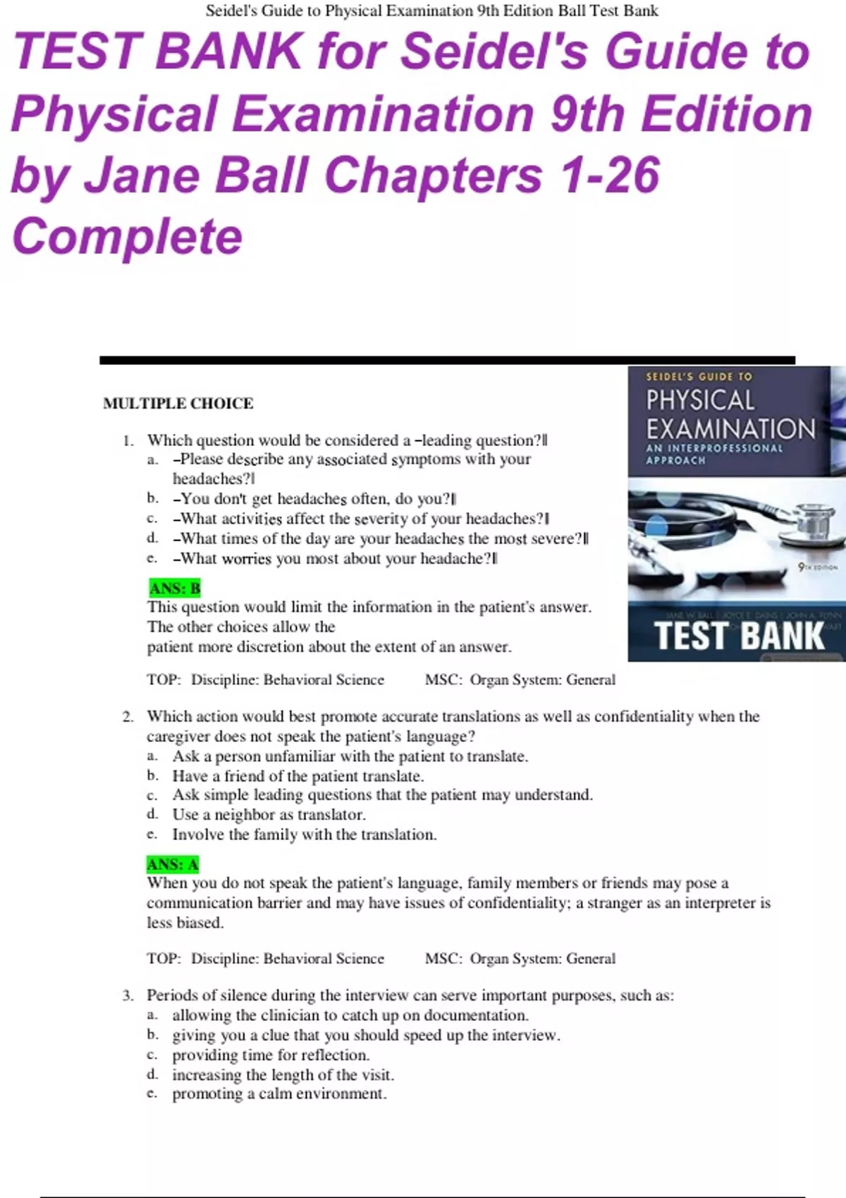TEST BANK for Seidel's Guide to Physical Examination 9th Edition by ...