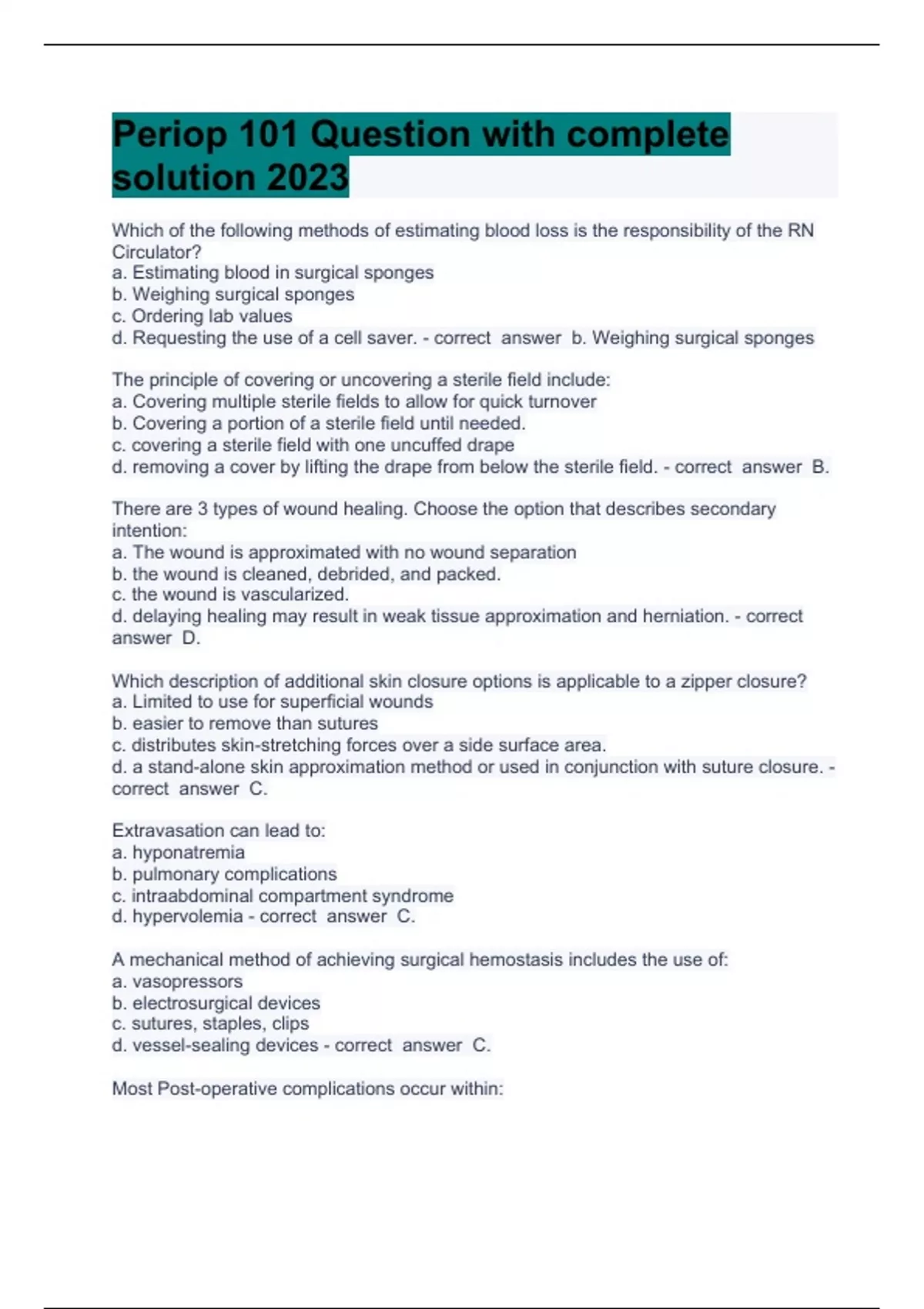 Periop 101 Question with complete solution 2023 - Periop 101 - Stuvia US