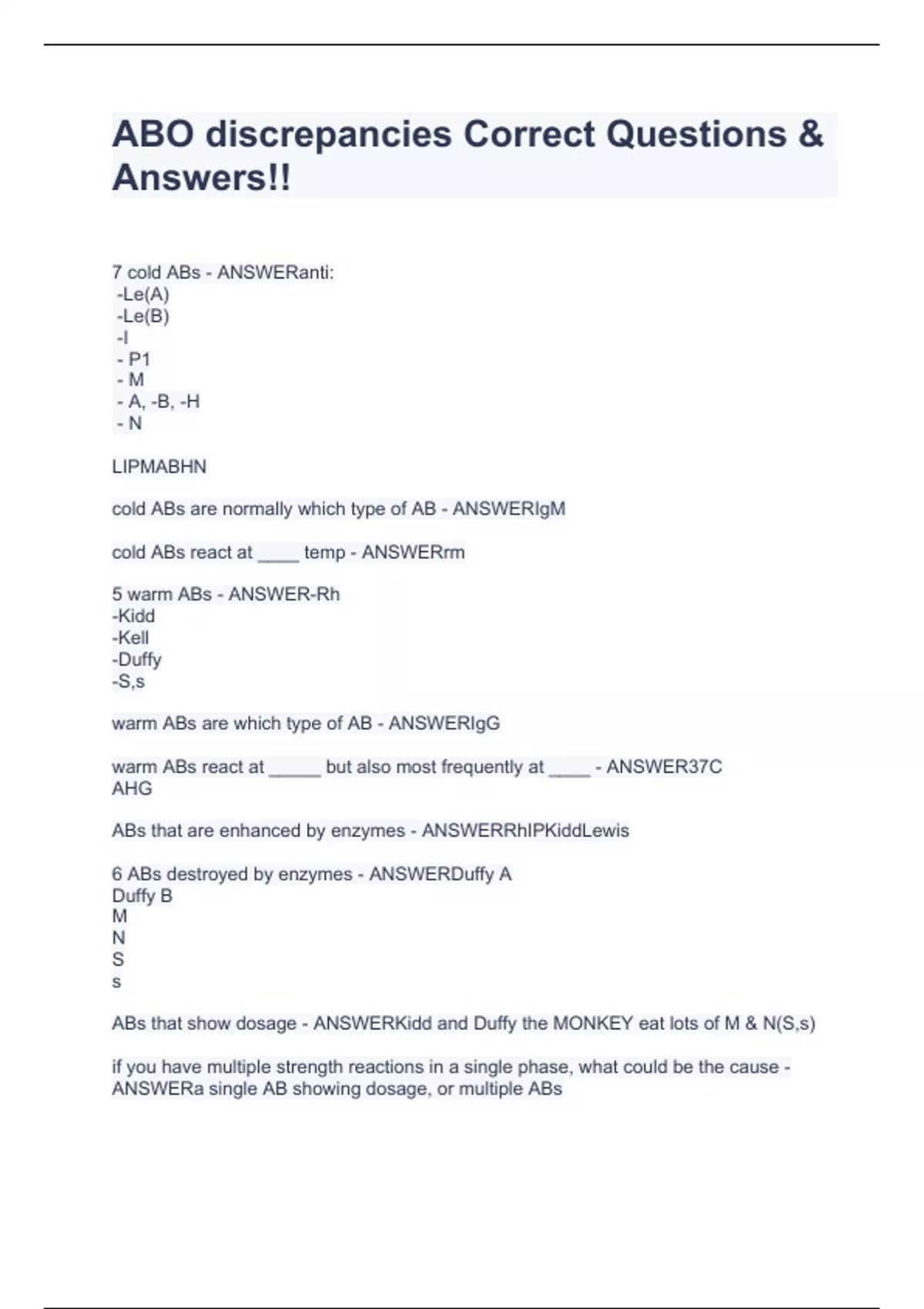 ABO discrepancies Correct Questions & Answers!! - ABO - Stuvia US