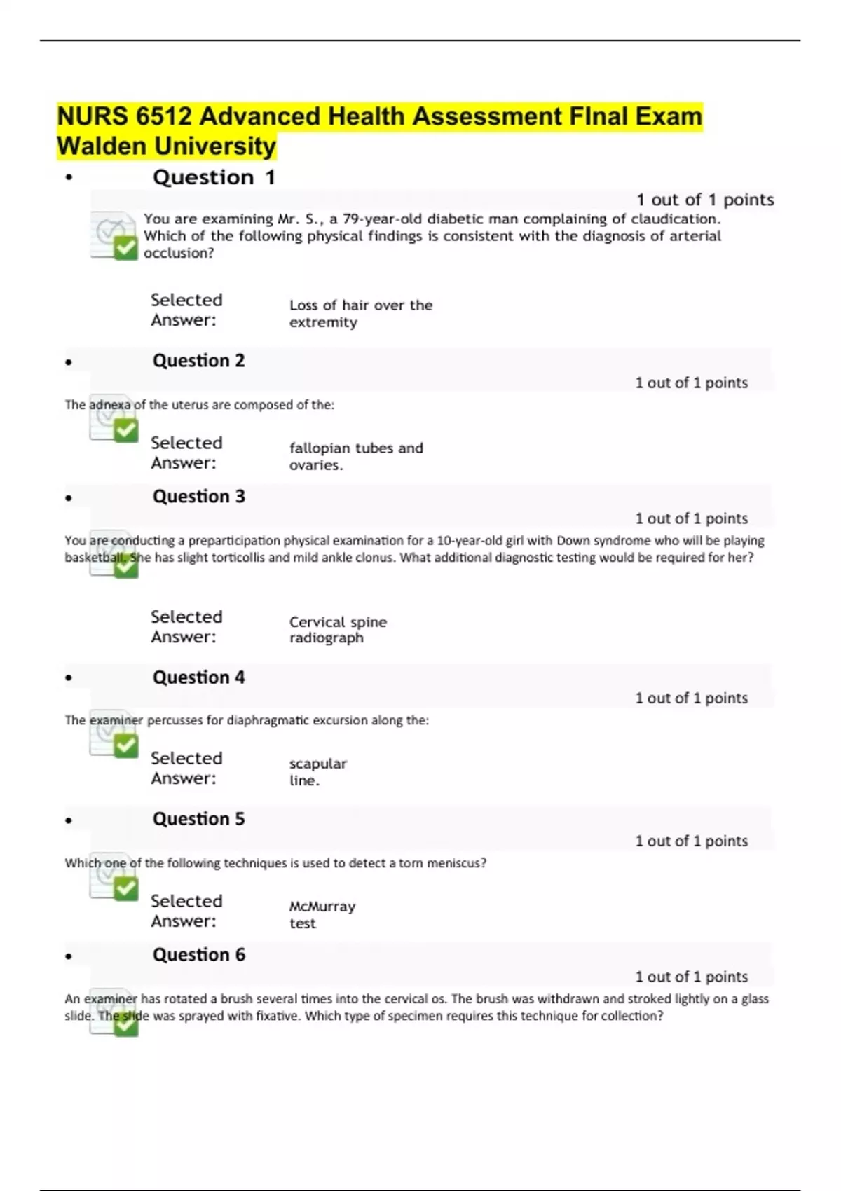 NURS 6512 Advanced Health Assessment FInal Exam Walden University ...