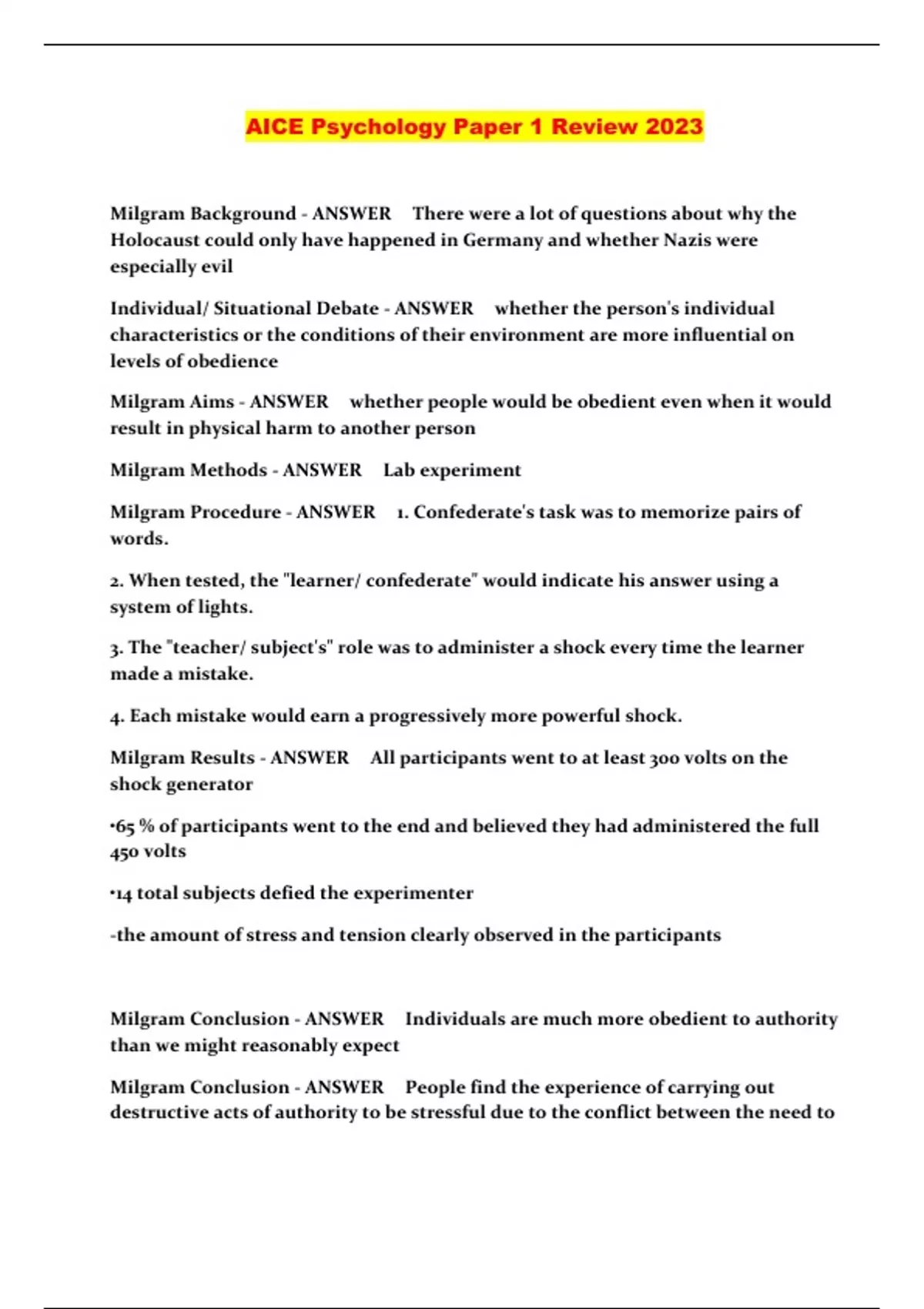 AICE Psychology Paper 1 Review 2023 - AICE Psychology - Stuvia US