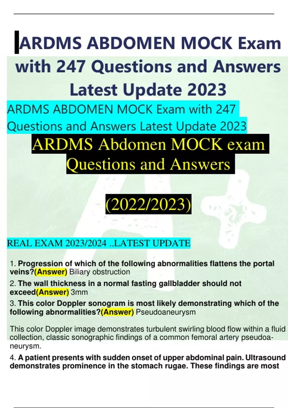 ARDMS ABDOMEN MOCK Exam with 247 Questions and Answers Latest Update ...