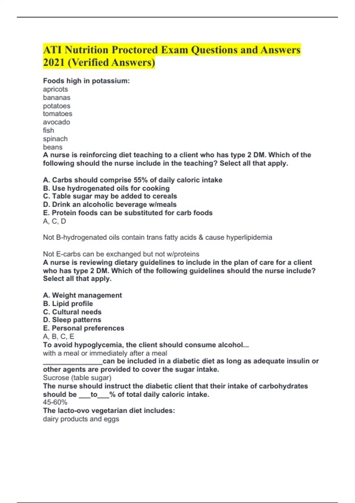 ATI Nutrition Proctored Exam Questions and Answers 2021 (Verified ...