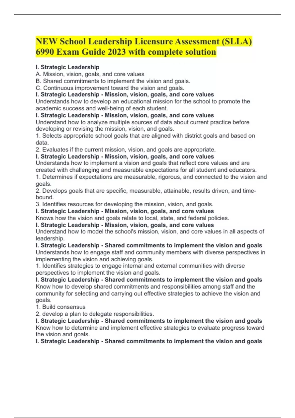 NEW School Leadership Licensure Assessment (SLLA) 6990 Exam Guide 2023 ...