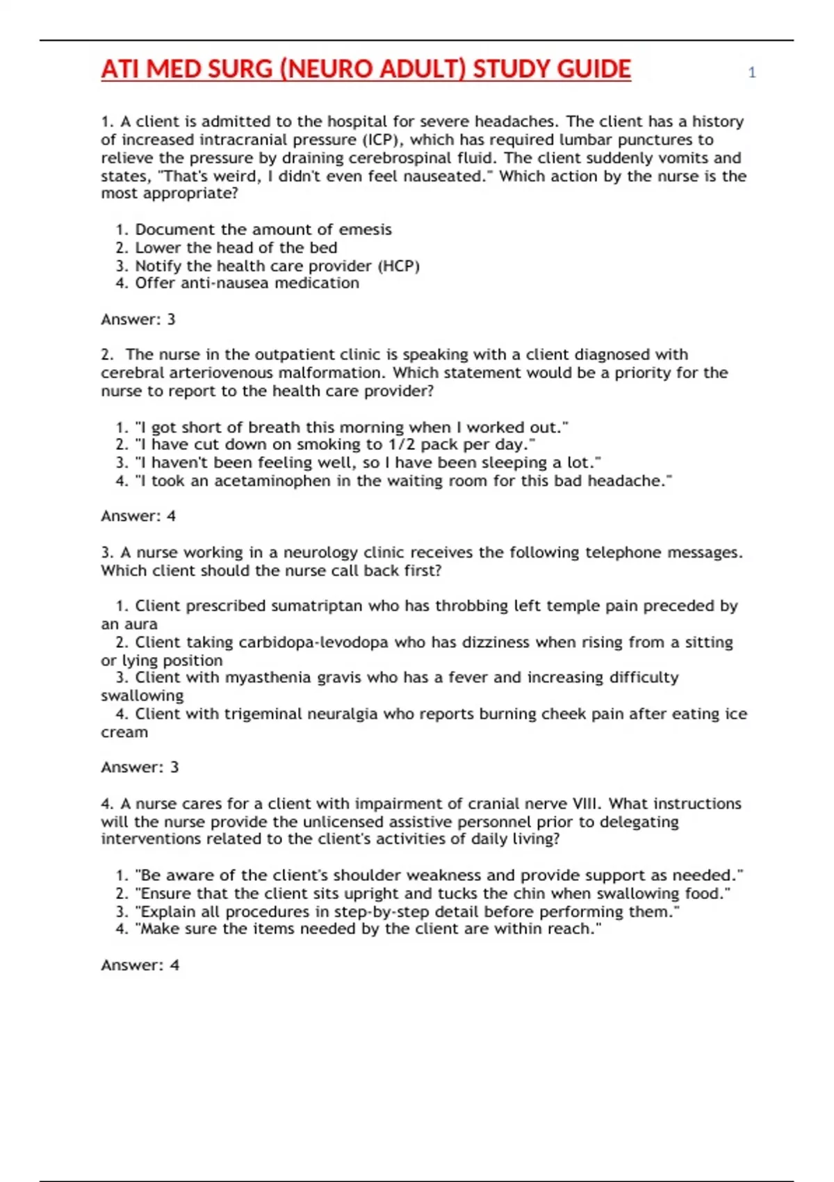 ATI MED SURG (NEURO ADULT) STUDY GUIDE - MED SURG NEURO SYSTEM - Stuvia US