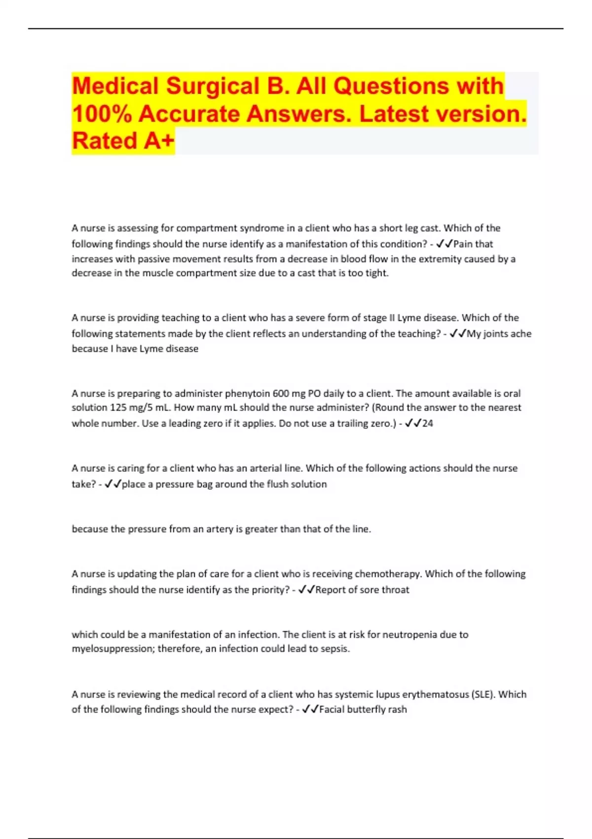 Medical Surgical B. All Questions with 100% Accurate Answers. Latest ...