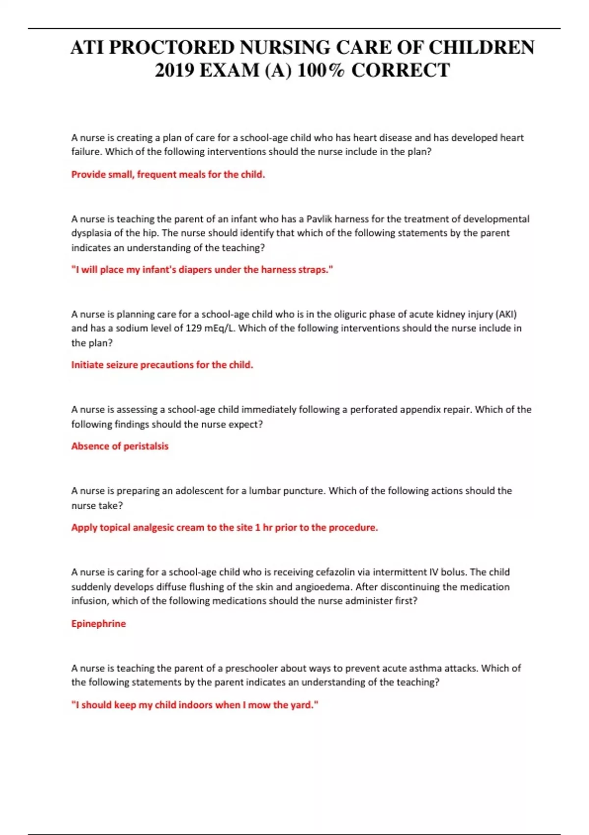 ATI RN PROCTORED NURSING CARE OF CHILDREN A & B 100% CORRECT& ATI ...