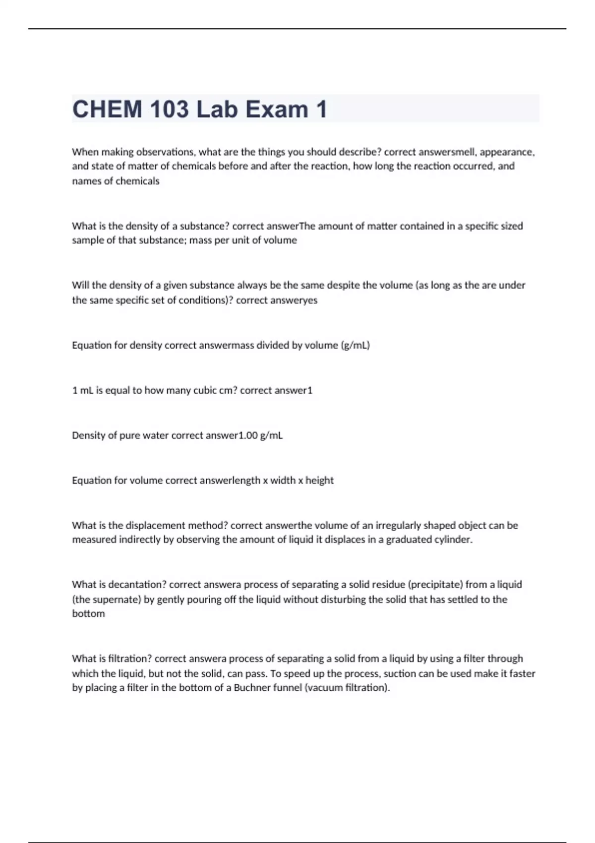 CHEM 103 Lab Exam 1 2023 with 100% correct answers - CHEM 103 Lab - Stuvia US
