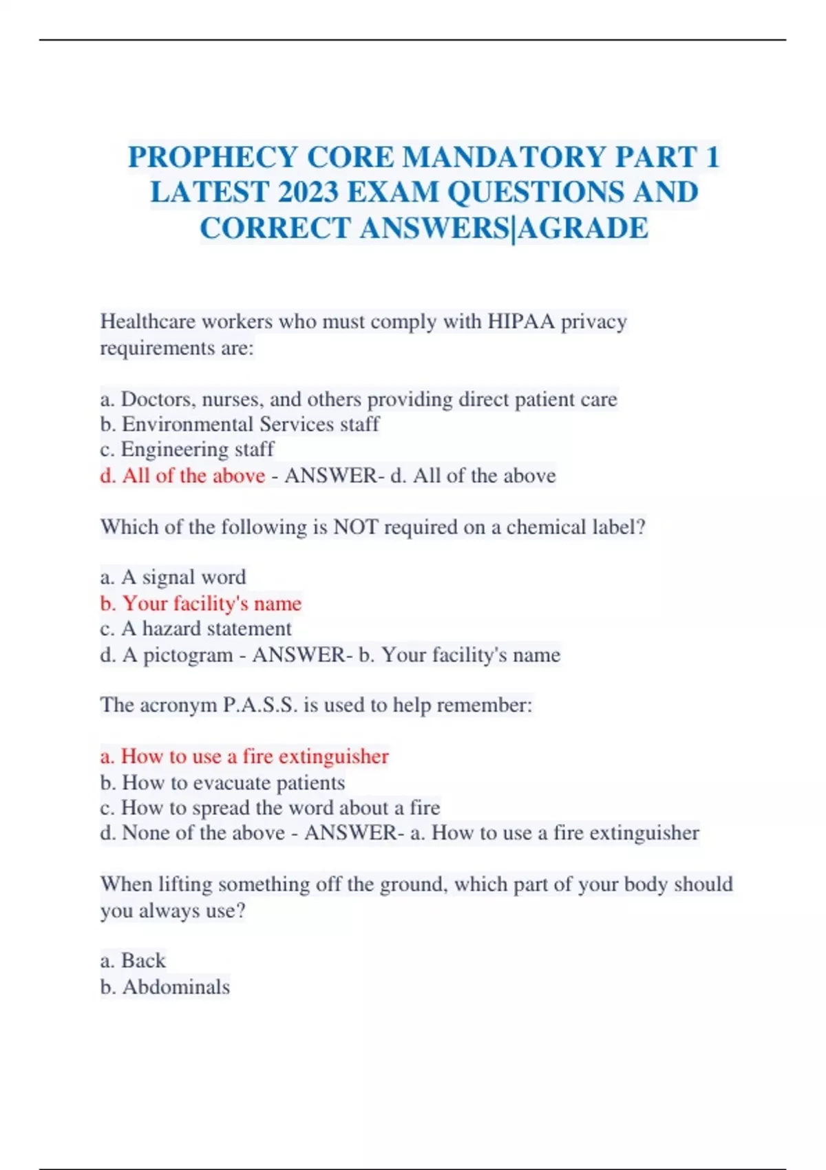 PROPHECY CORE MANDATORY PART 1 LATEST 2023 EXAM QUESTIONS AND CORRECT ...
