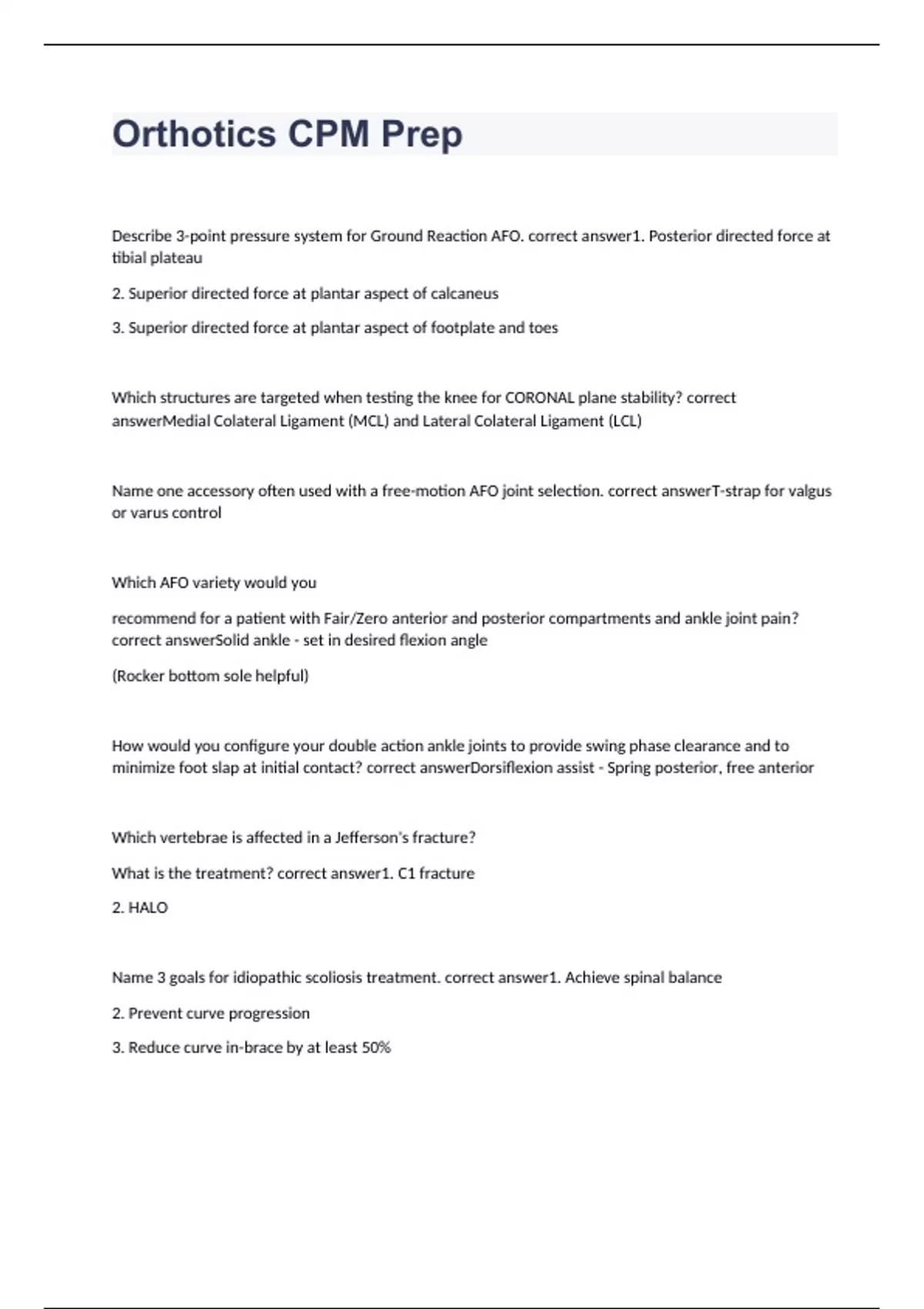 Orthotics CPM Prep exam 2023 with 100% correct answers - Orthotics CPM ...